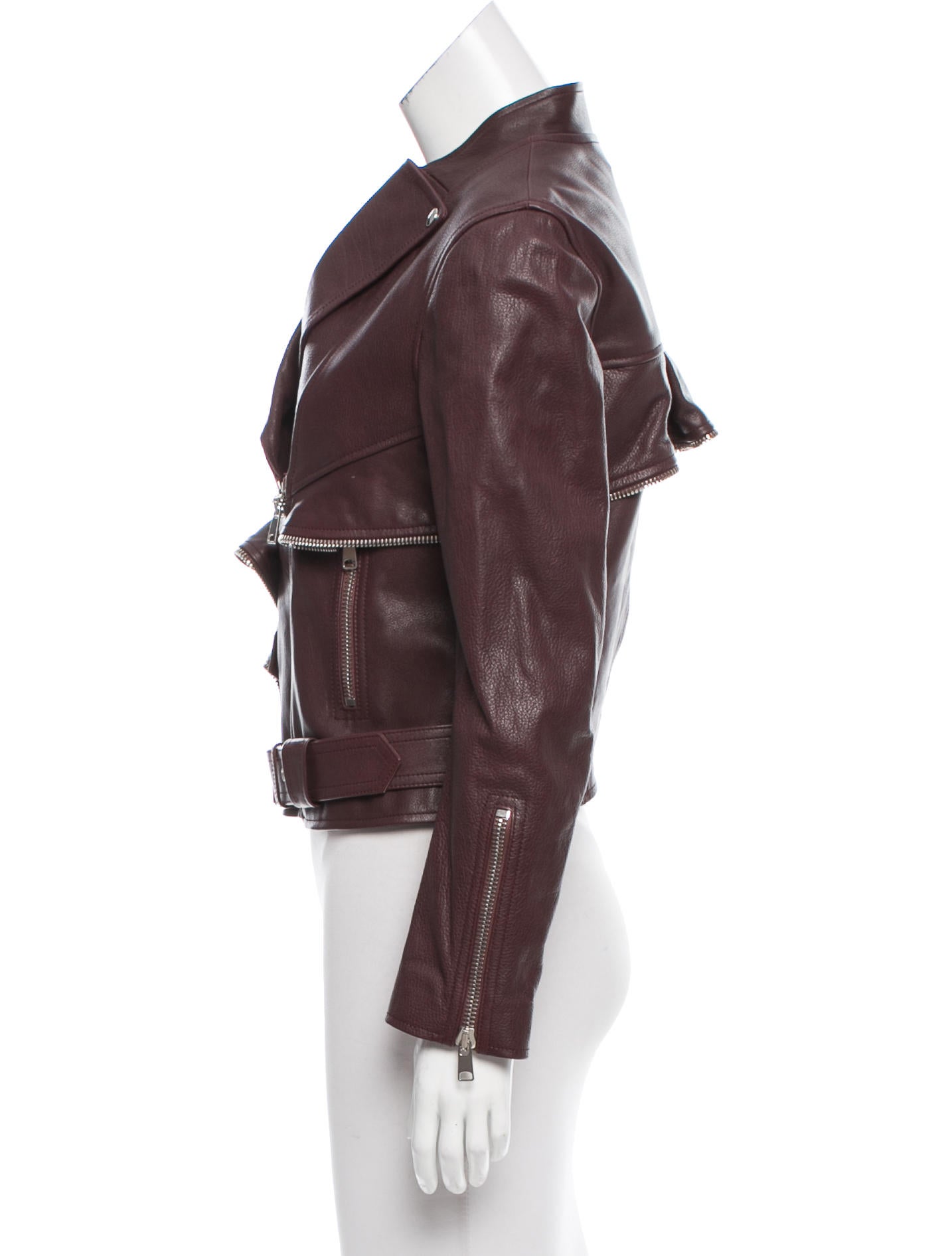 Alexander McQueen Ruffle-Trimmed Leather Jacket w/ Tags - Burgundy ...