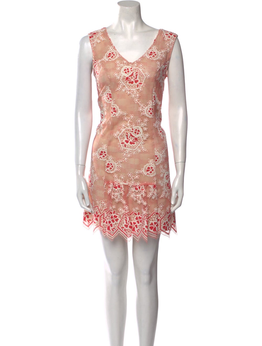 Anna Sui A-Line Dress Pink Printed Lace Trim Embellis… - Gem