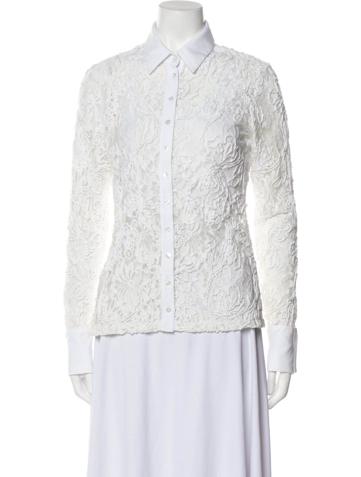Anne Fontaine Lace Pattern Long Sleeve Button-Up Top - White Tops ...