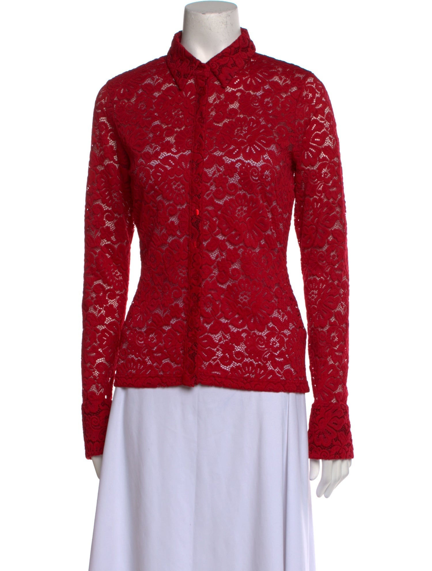 Anne Fontaine Lace Pattern Long Sleeve Button-Up Top w/ Tags - Red Tops ...