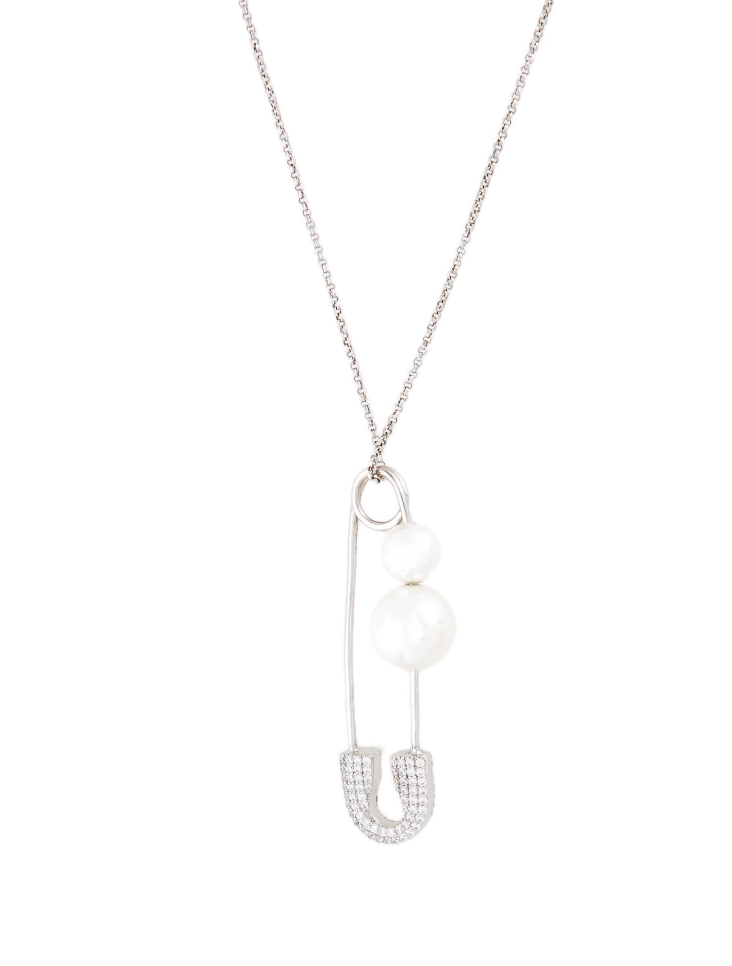 APM Monaco Cubic Zirconia & Faux Pearl Safety Pin Pendant Necklace - 925 Sterling Silver Pendant ...