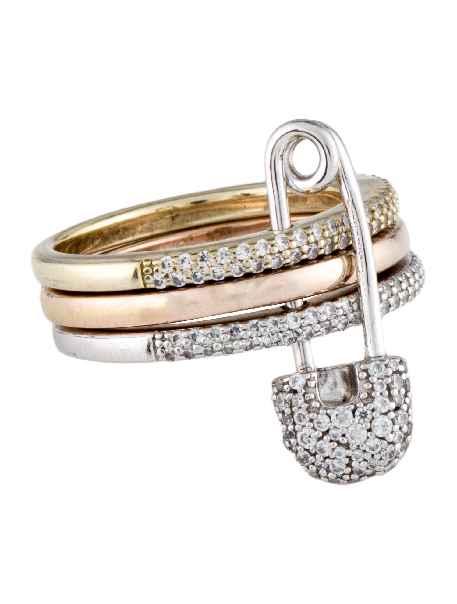 APM Monaco Cubic Zirconia Love, Smile, Bonheur Triple Hoop Safety Pin Ring - Sterling Silver ...