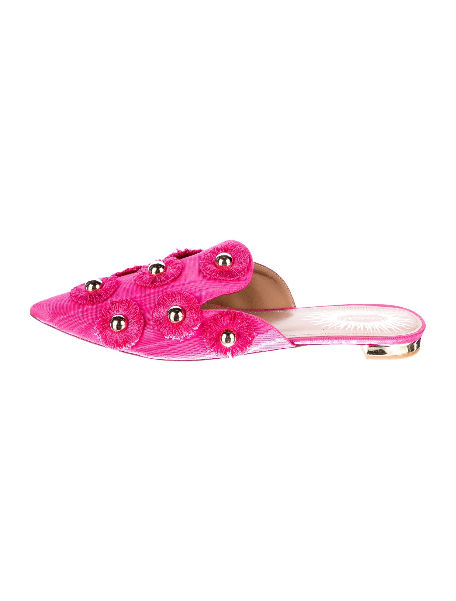 Aquazzura Satin Studded Accents Mules - Pink Flats, Shoes - AQZ70514 ...