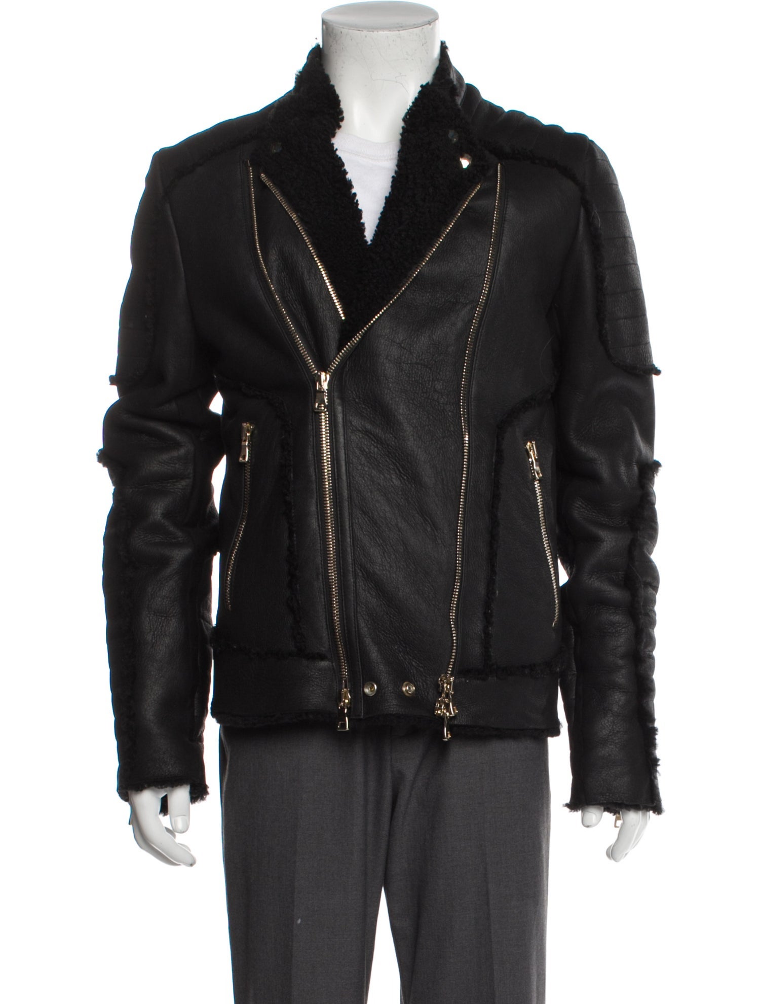 Balmain Shearling Moto Jacket - Black Outerwear, Clothing - BAM100495 ...