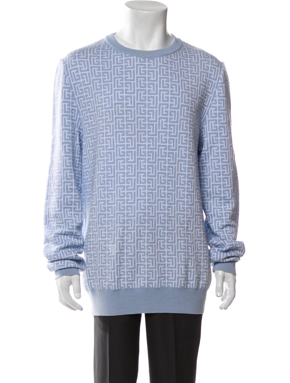 Balmain Printed Crew Neck Pullover - Blue Sweaters, Clothing - BAM92807 ...