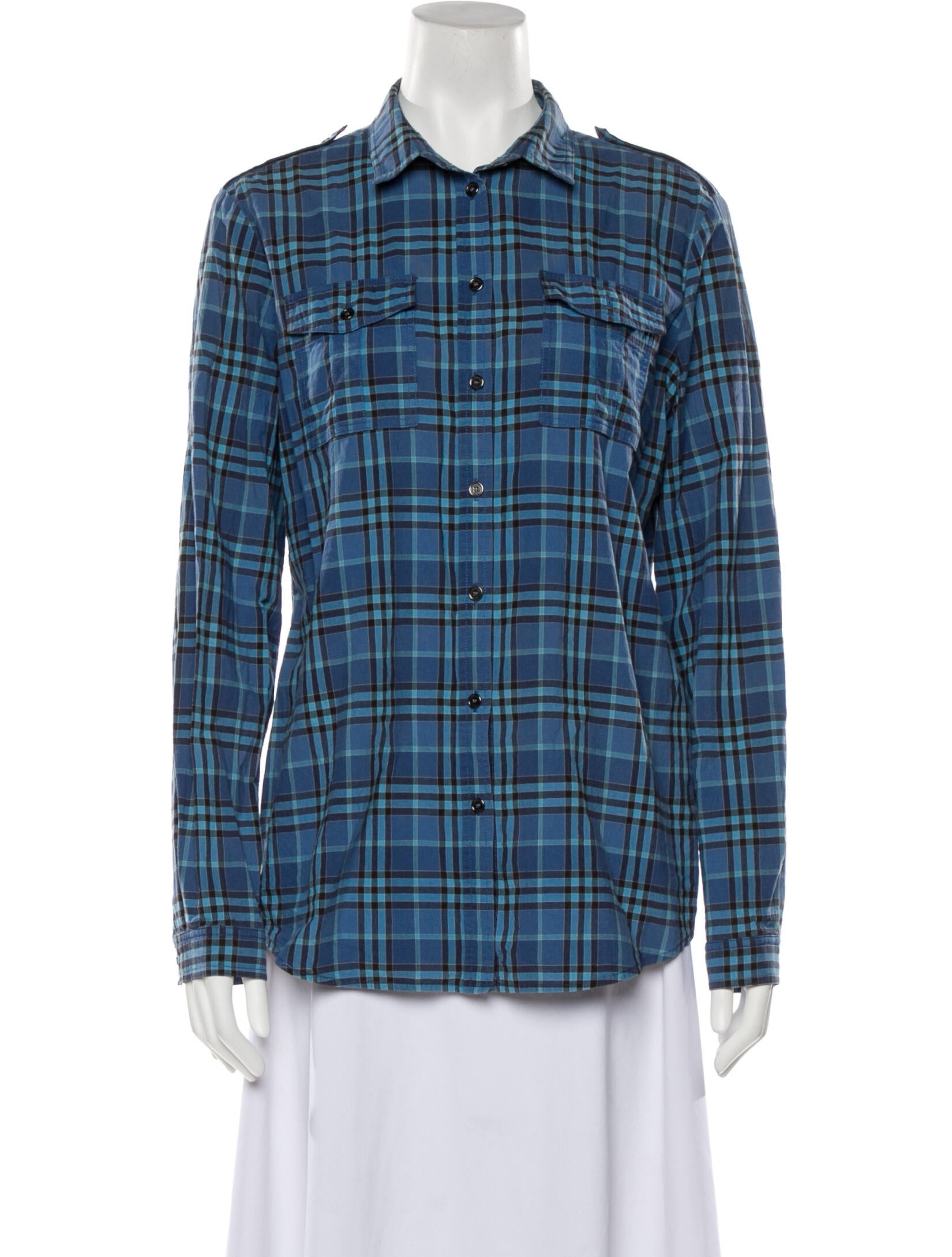 Burberry London Plaid Print Three-Quarter Sleeve Button-Up Top ...