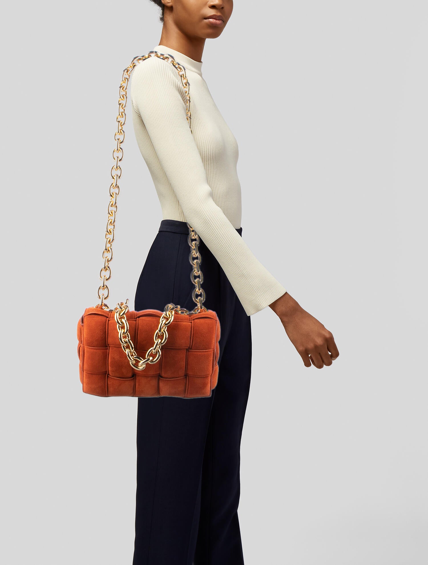 Bottega Veneta 2021 Suede Padded Chain Cassette Shoulder Bag - Orange ...