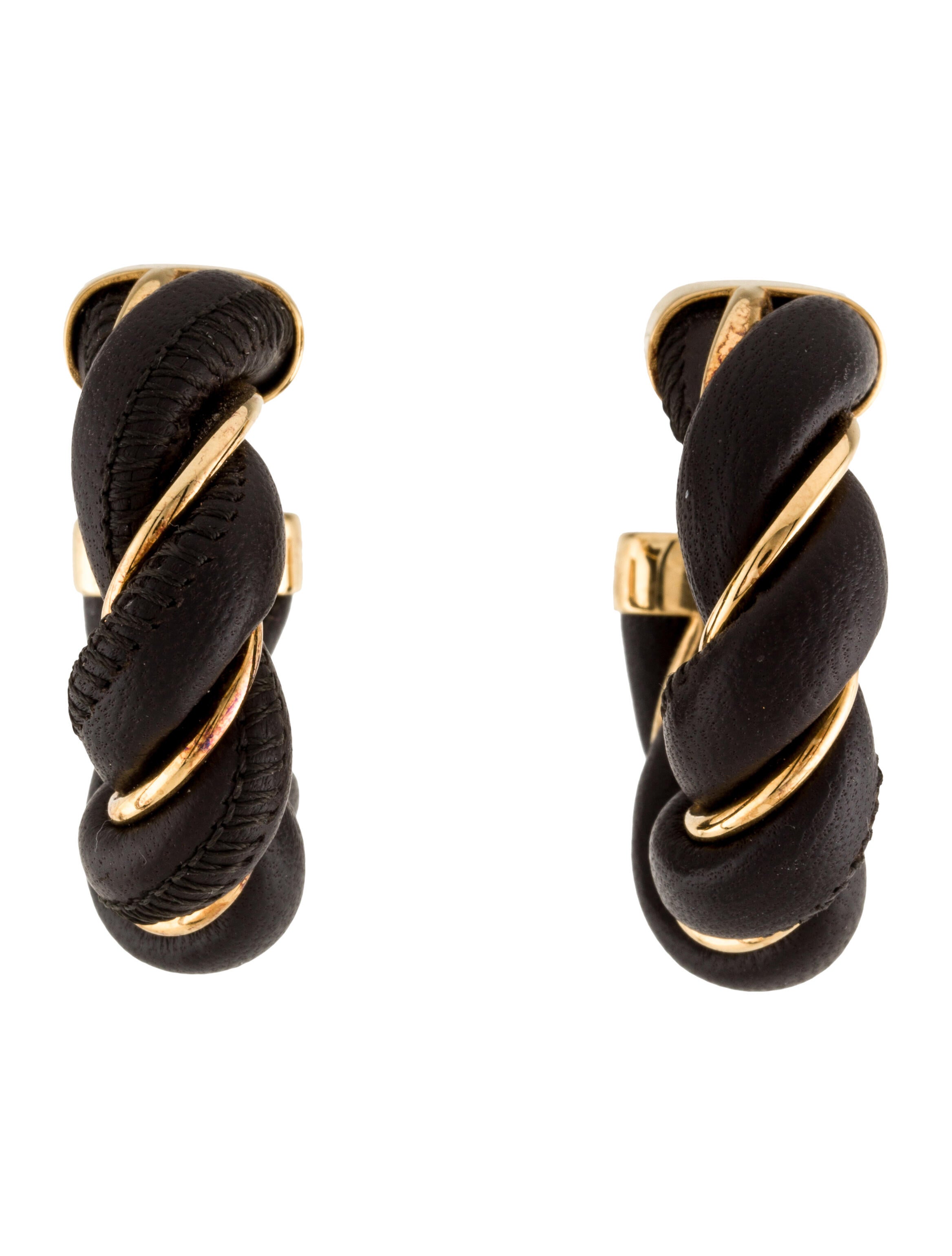 Bottega Veneta Leather 'Twist' Hoop Earrings - Brown, 18K Yellow Gold ...