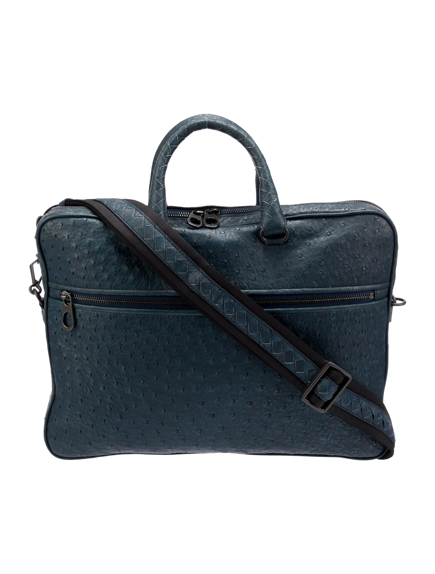 Bottega Veneta Intrecciato-Trimmed Ostrich Briefcase - Blue Briefcases ...