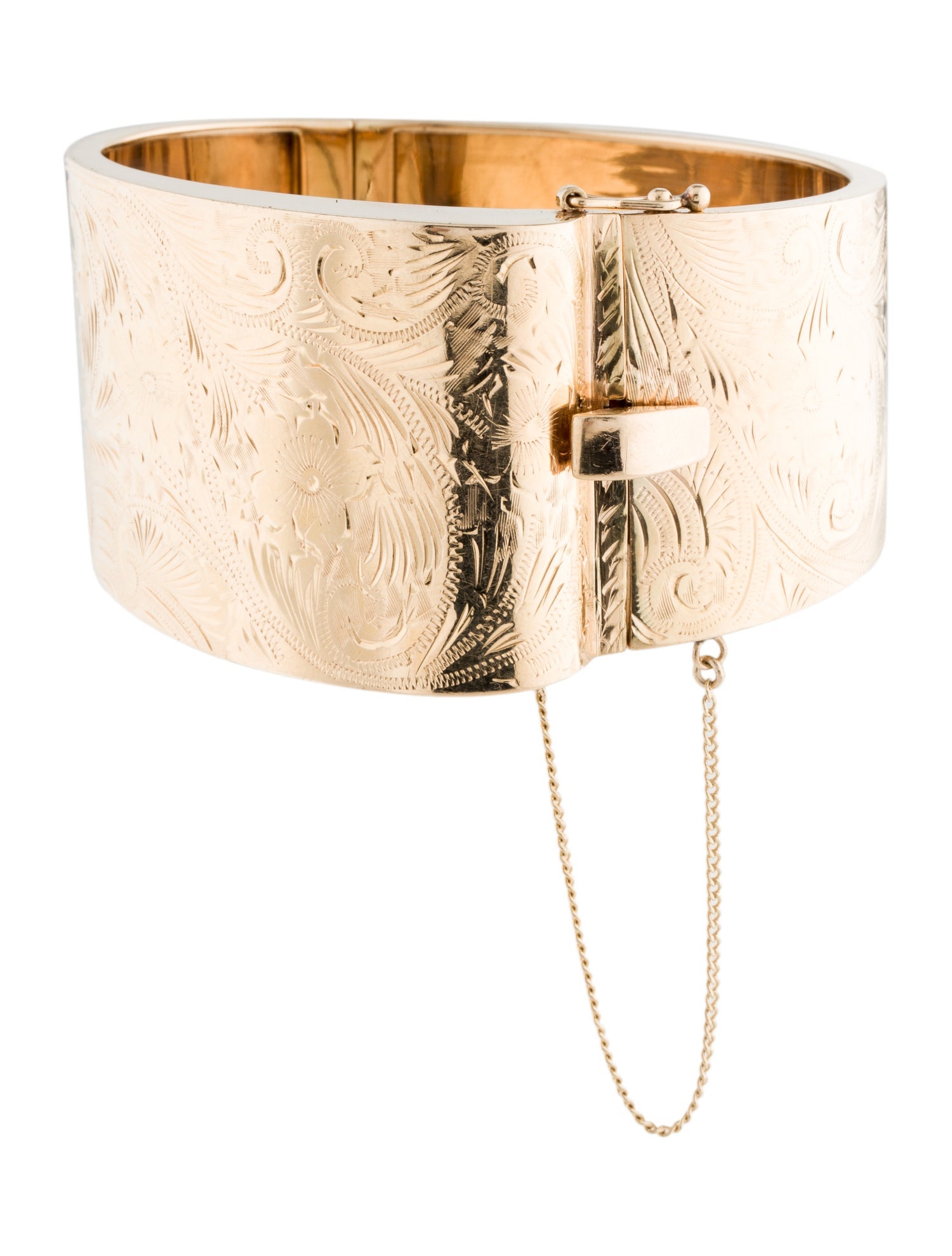 Bracelet 14K Engraved Floral Wide Bangle - 14K Yellow Gold Bangle ...