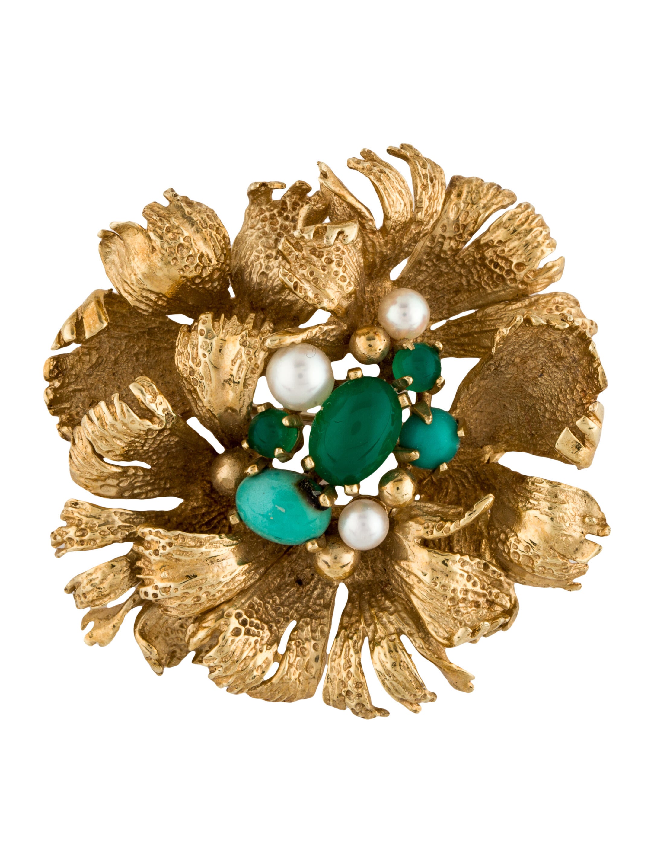 Brooch Crosse 14K Pearl, Dyed Chalcedony & Turquoise Floral Brooch ...