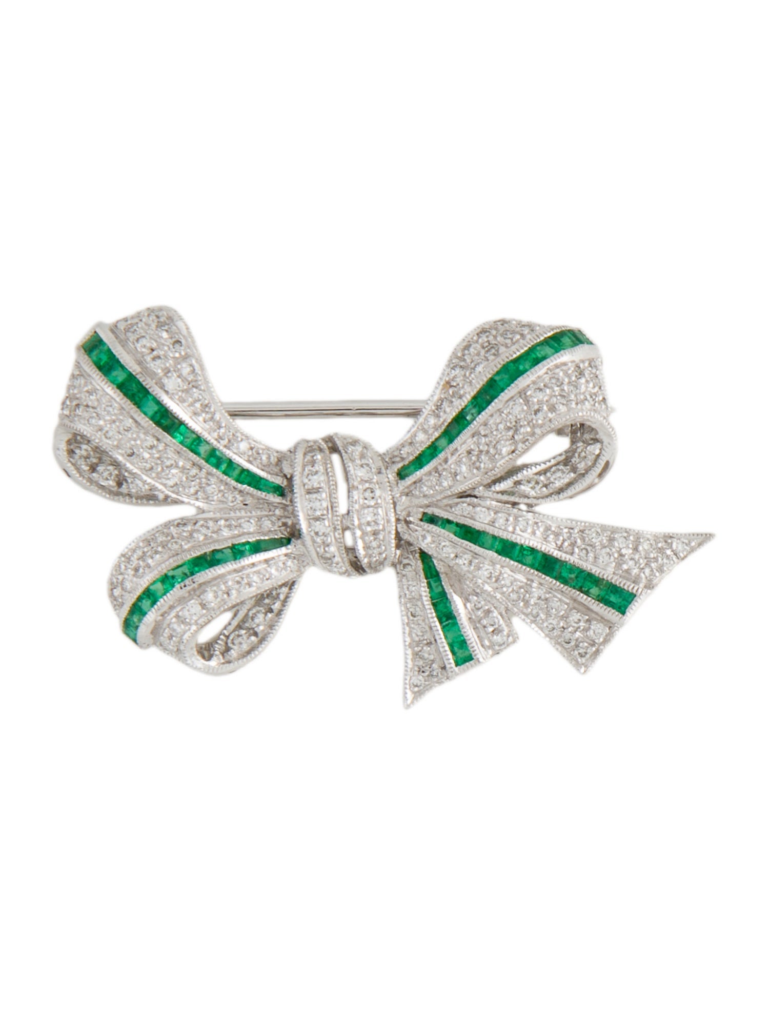 Brooch 18K Emerald & Diamond Bow Brooch - Rhodium-Plated 18K White Gold ...