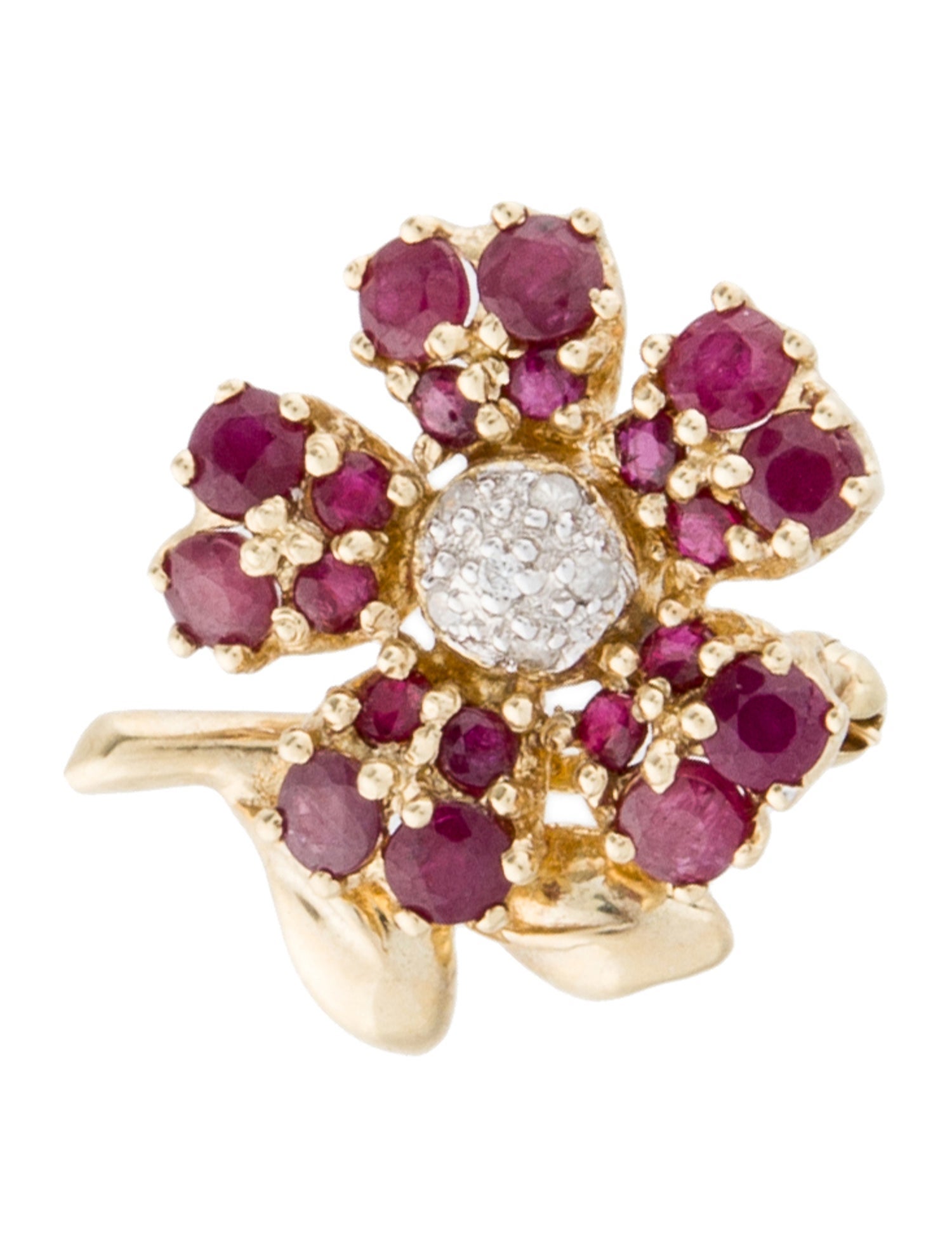Brooch 14K Ruby & Diamond Flower Brooch Pendant - 14K Yellow Gold ...