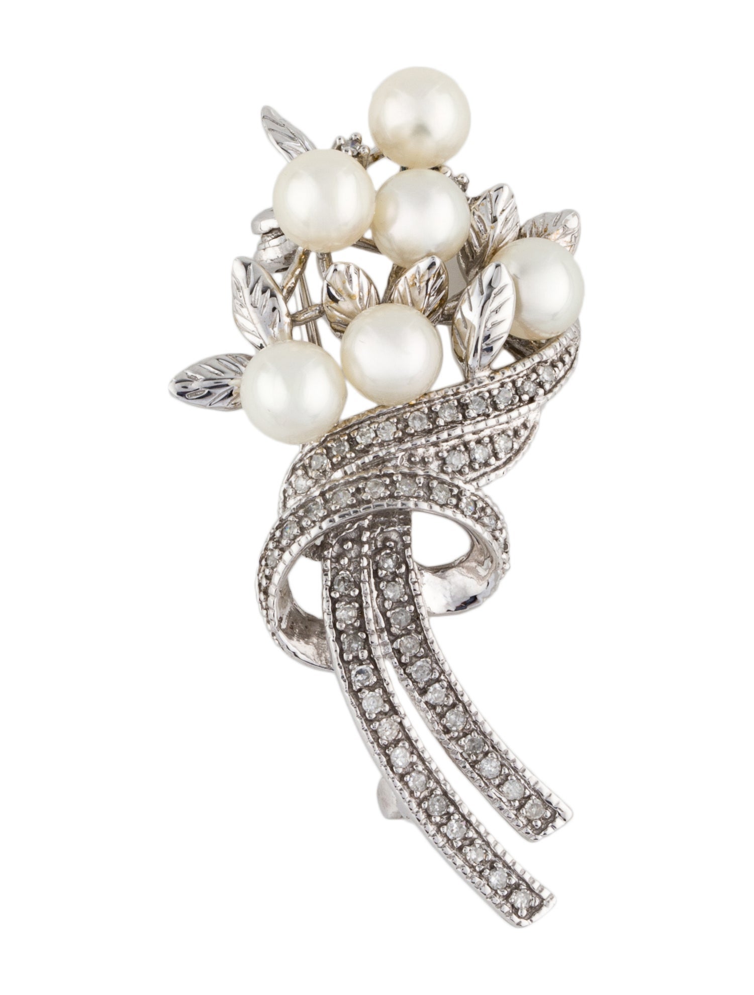 Brooch 14K Pearl & Diamond Brooch - Rhodium-Plated 14K White Gold Pin ...
