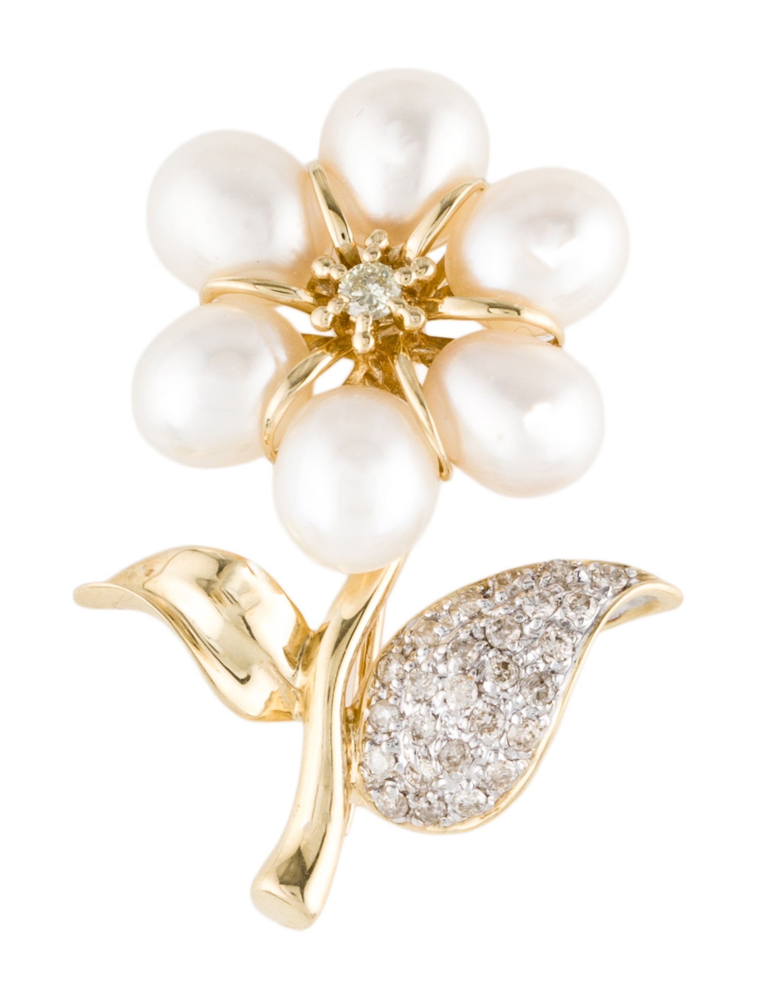 Brooch 14K Pearl & Diamond Flower Brooch Pin - 14K Yellow Gold Pin ...