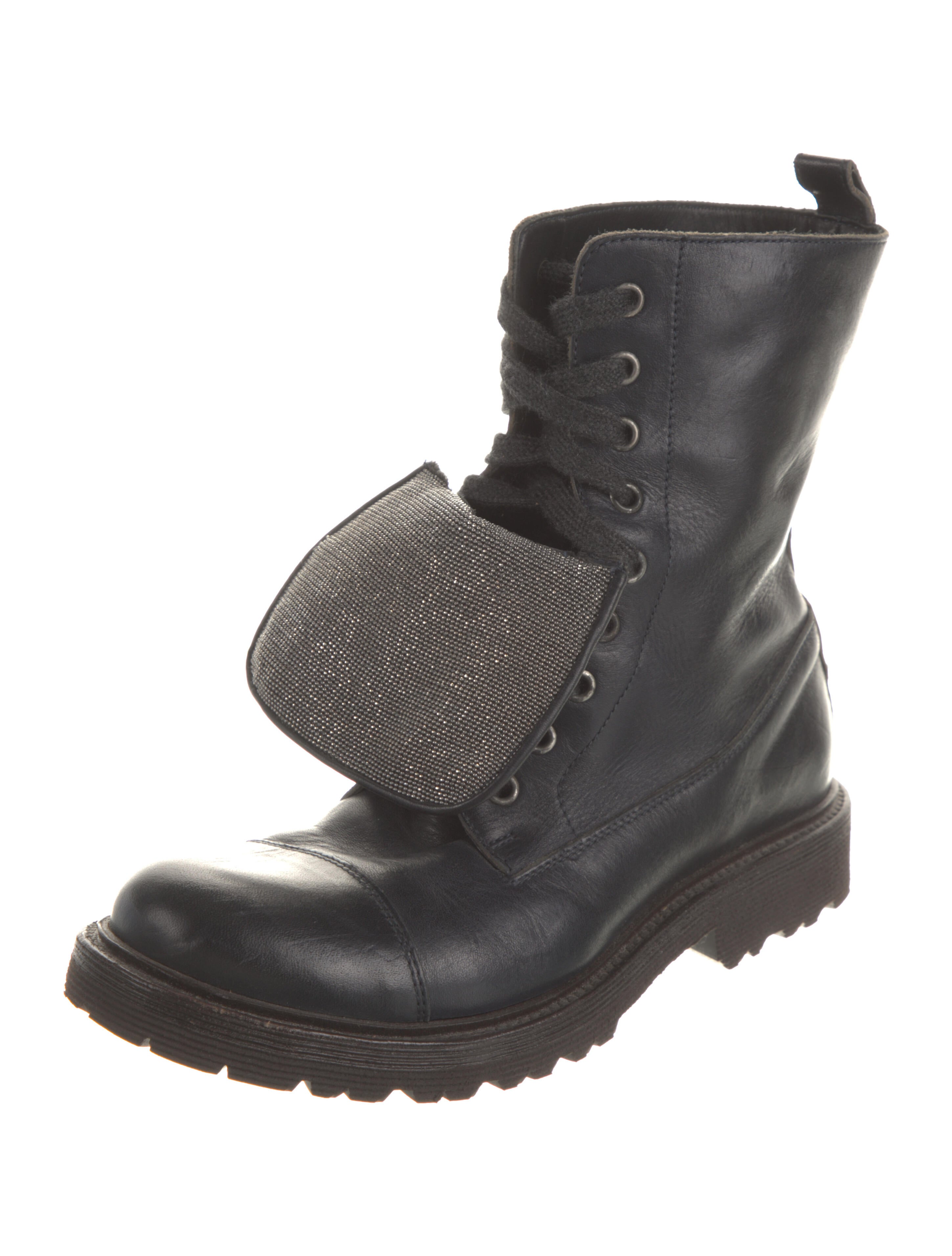 Brunello Cucinelli Leather Chain-Link Accents Combat Boots - Blue Boots ...