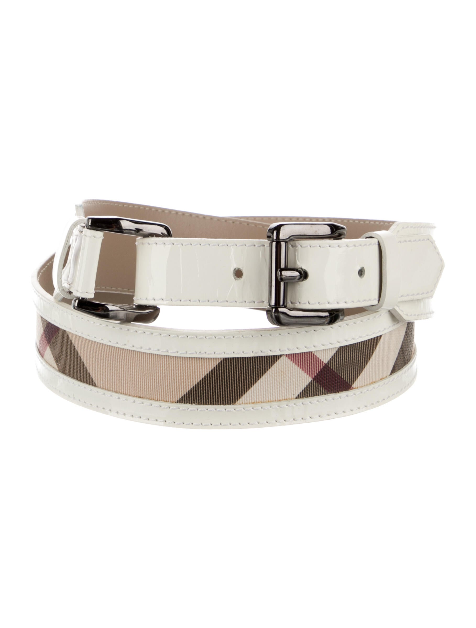 Burberry House Check Pattern Leather Trim Embellishment Belt - Brown ...