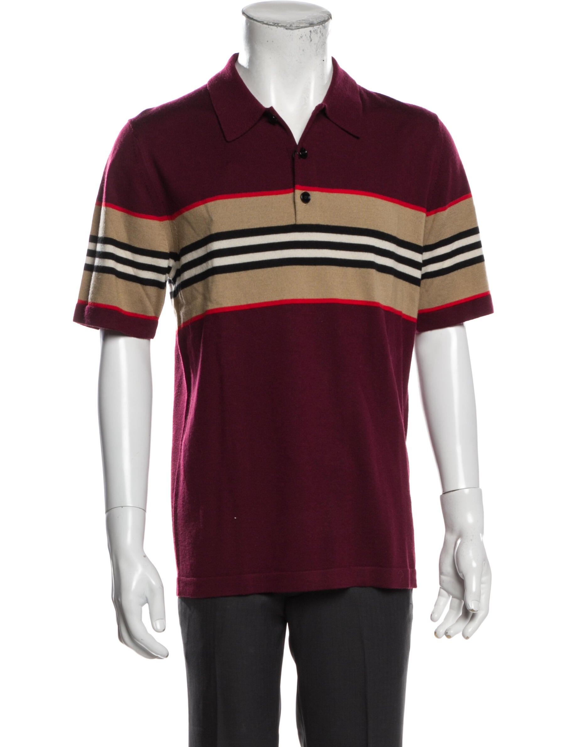 Burberry Merino Wool Striped Polo Shirt w/ Tags - Burgundy Polos ...