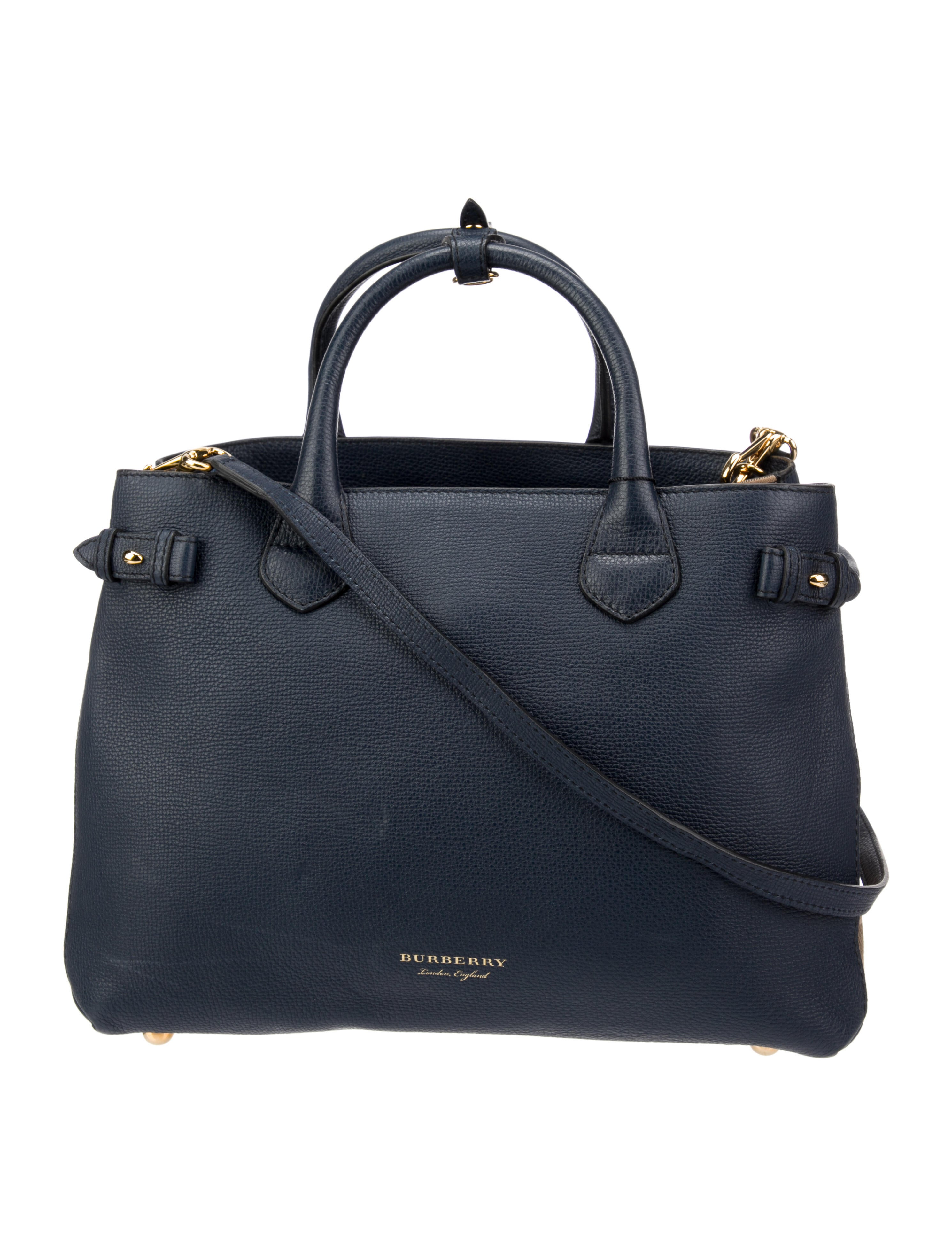 Burberry Leather Check-Trim Banner Handle Bag - Blue Handle Bags ...