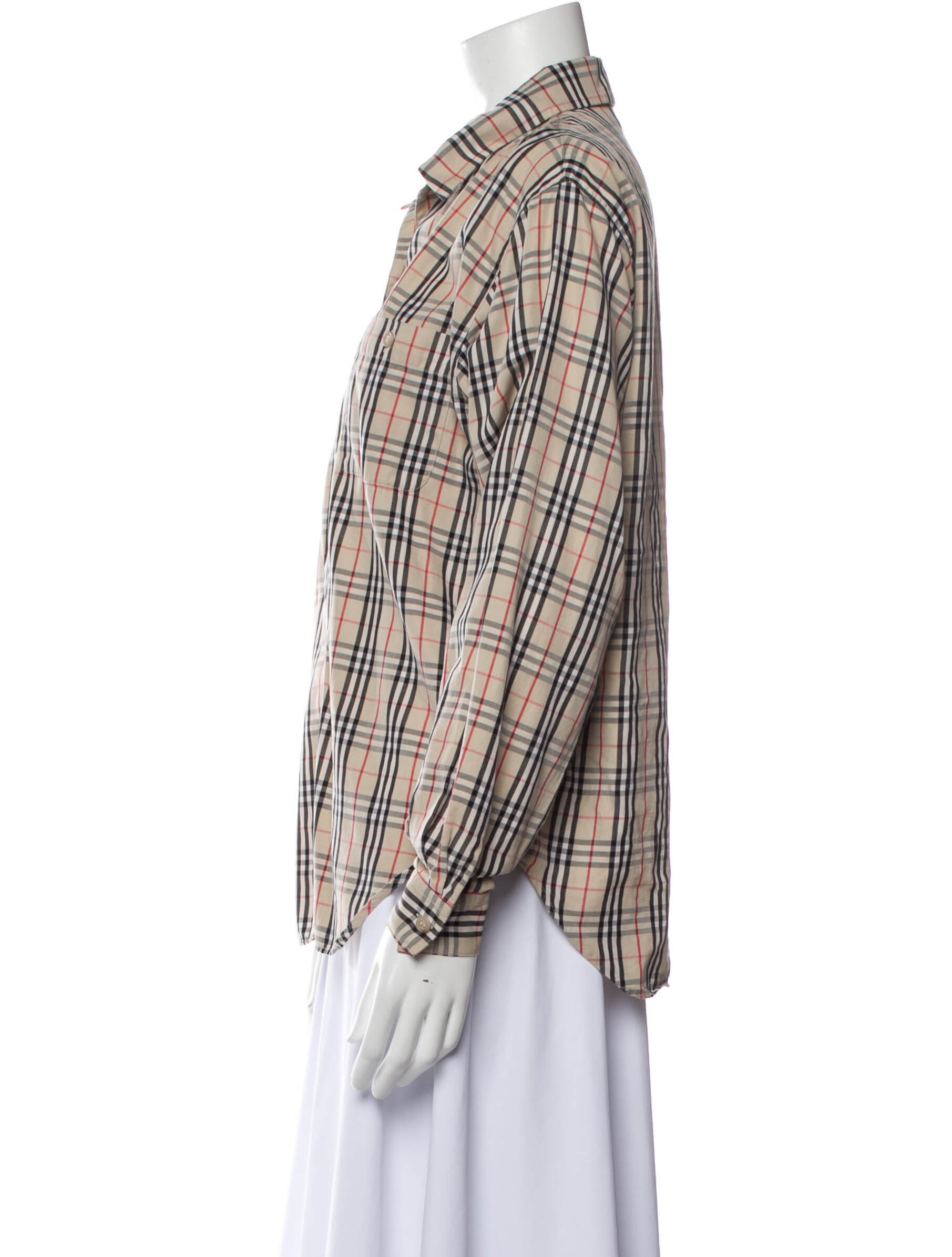 Burberry Plaid Print Long Sleeve Button-Up Top - Neutrals Tops ...