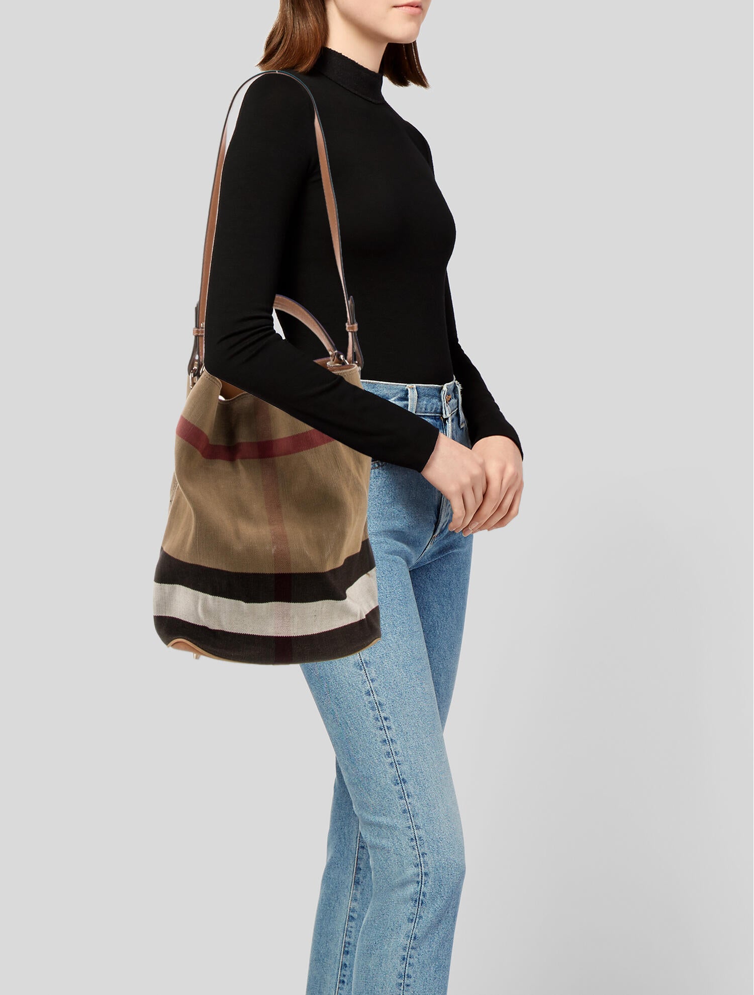 Burberry Check Leather-Trimmed Bucket Bag - Brown Bucket Bags, Handbags ...