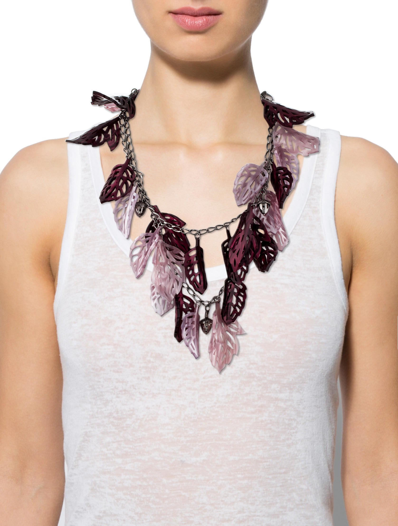 Burberry Resin Leaf Necklace - Pink, Gunmetal Chain, Necklaces ...