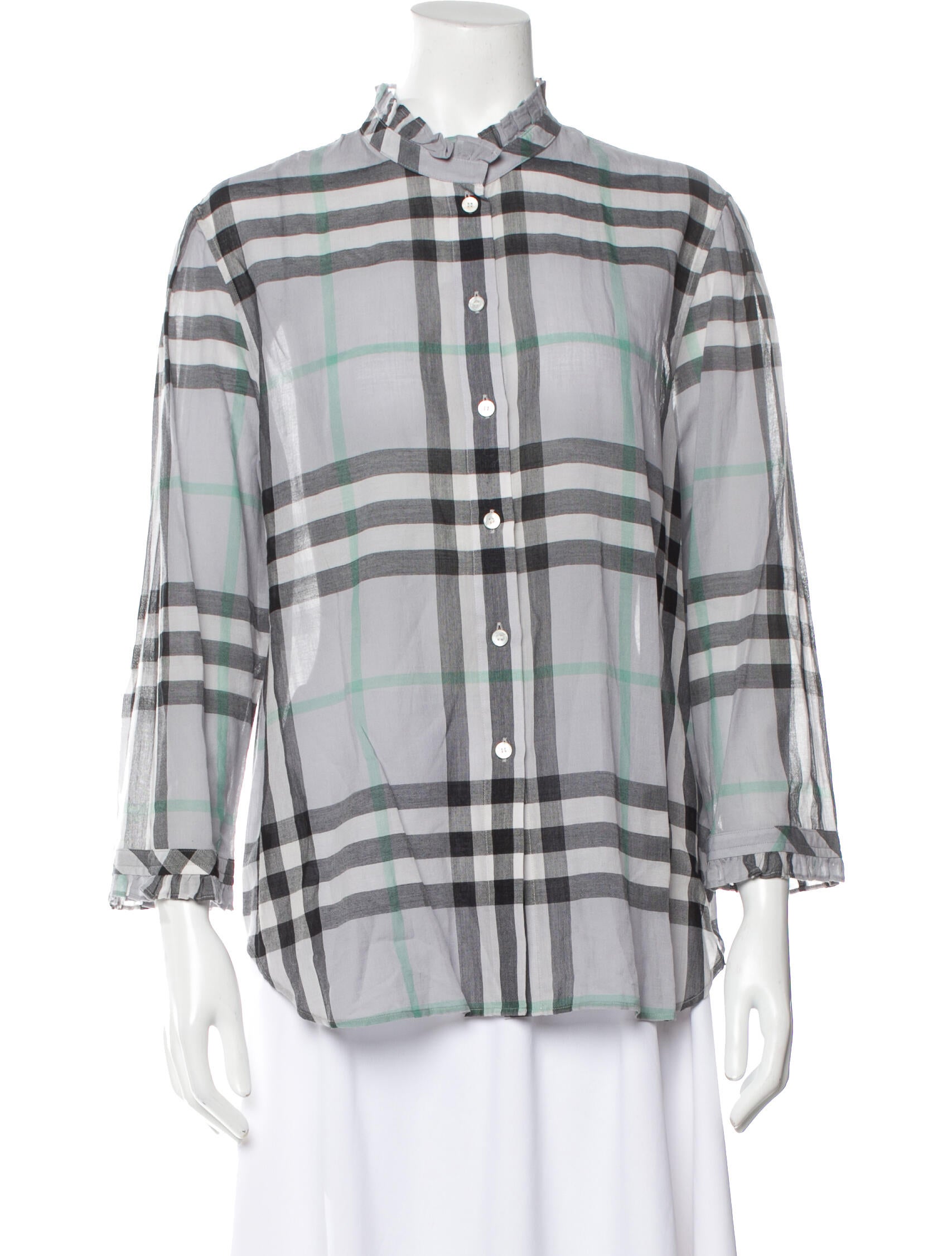 Burberry Plaid Print Three-Quarter Sleeve Button-Up Top - Grey Tops ...