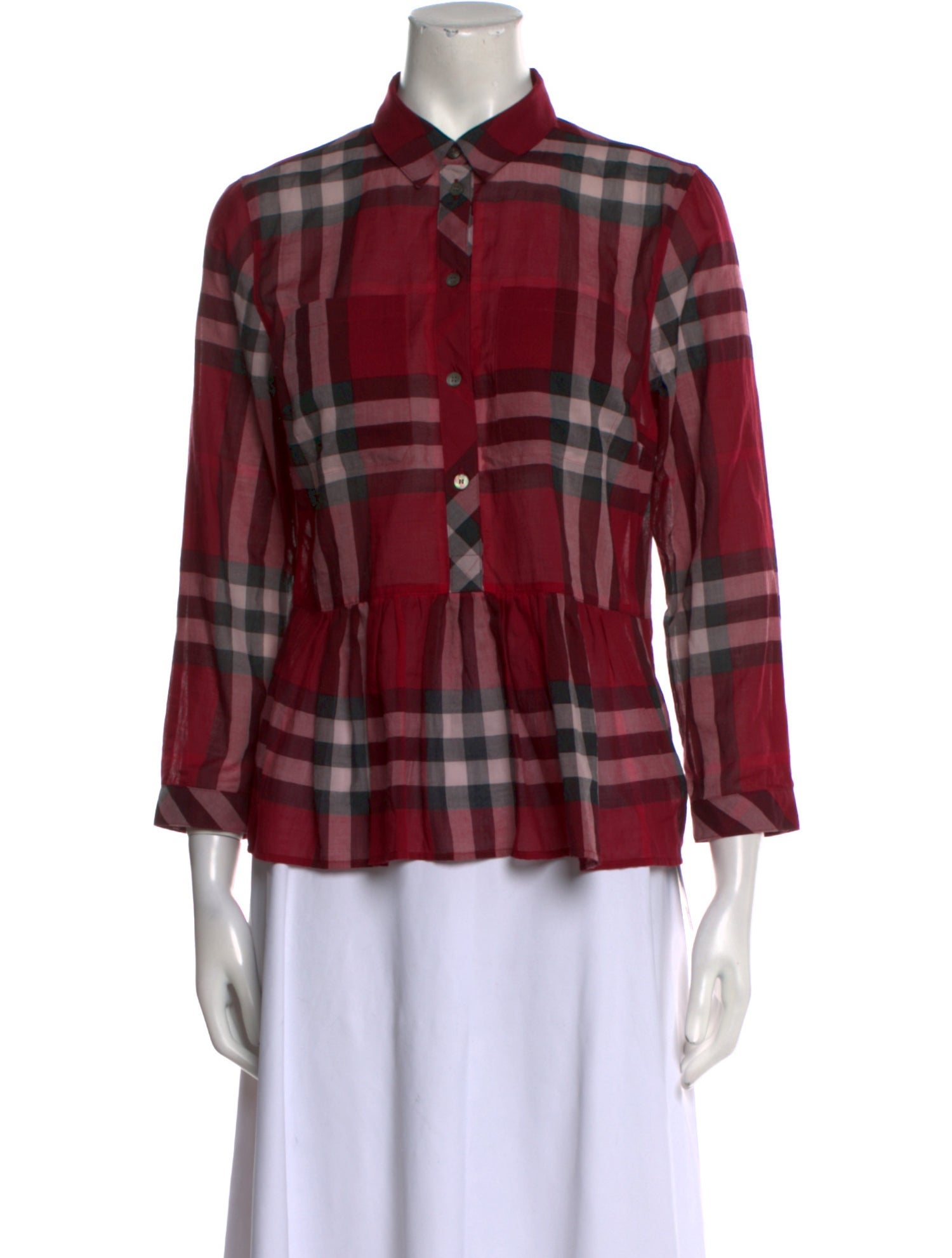 Burberry Plaid Print Three-Quarter Sleeve Button-Up Top - Red Tops ...