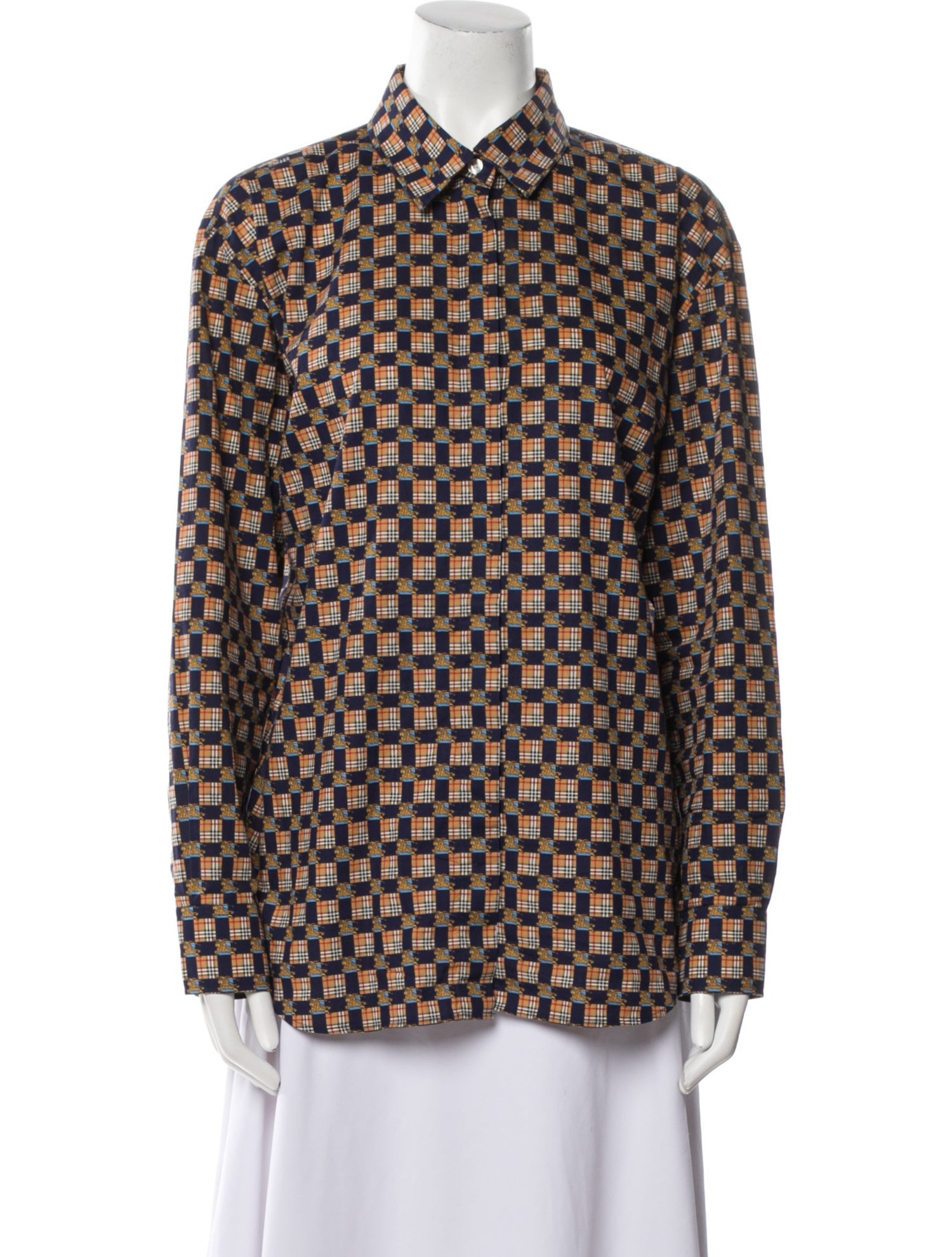 Burberry Printed Long Sleeve Button-Up Top - Blue Tops, Clothing ...