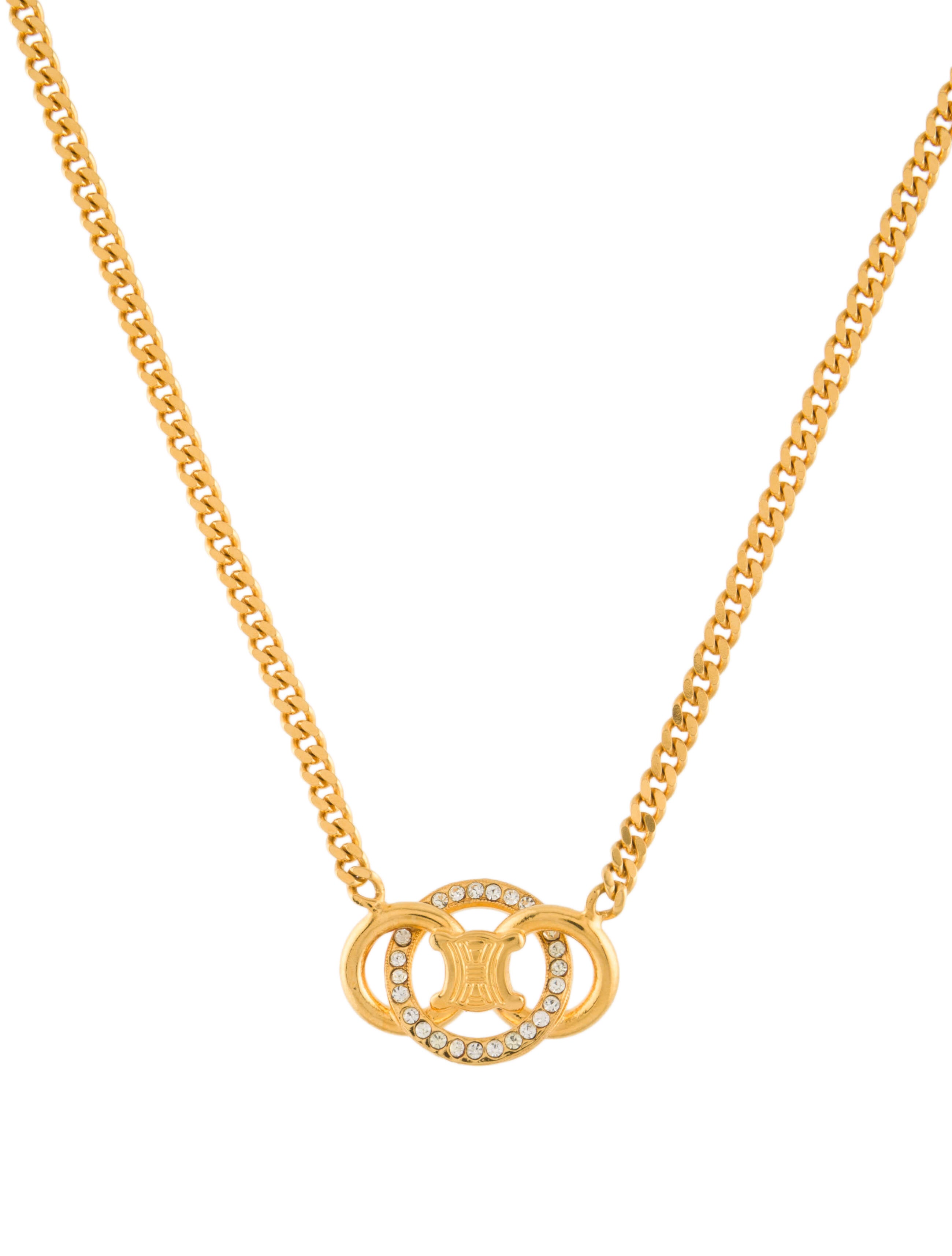 Celine Vintage Crystal Triomphe Pendant Necklace - Brass Pendant ...