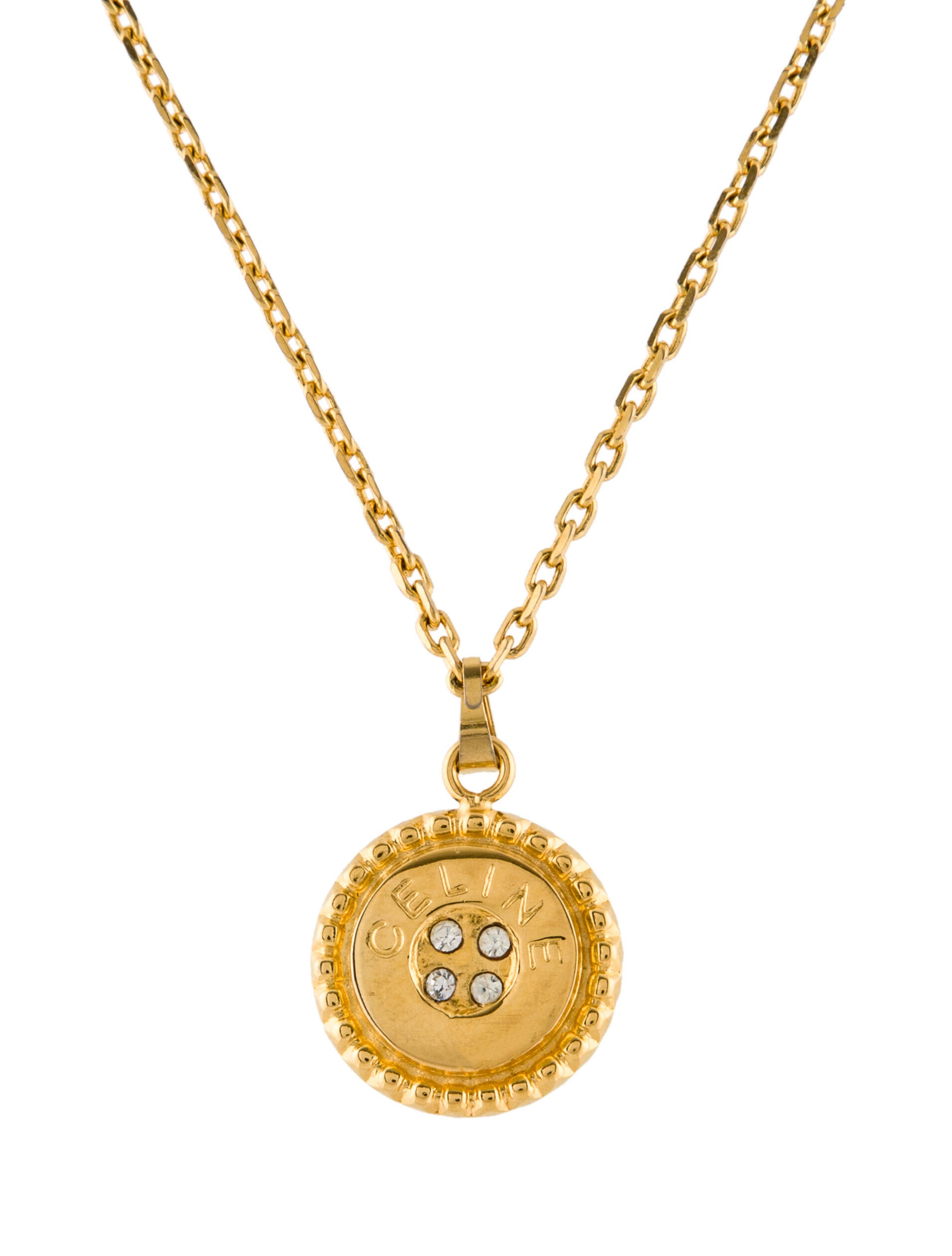 Celine Crystal Round Logo Pendant Necklace - Clear, Brass Pendant ...
