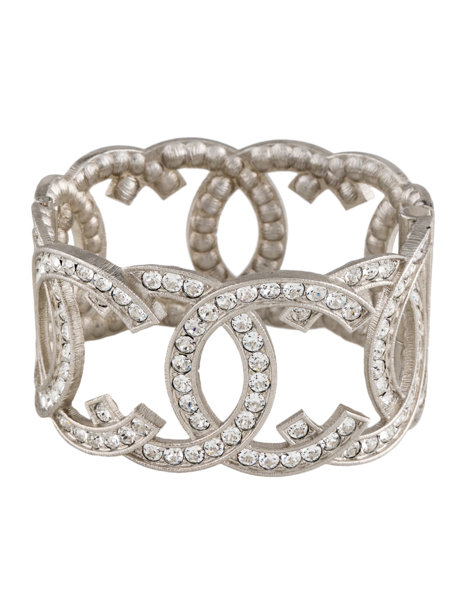 Chanel Strass CC Wide Hinged Bangle - Clear, Palladium-Plated Bangle ...