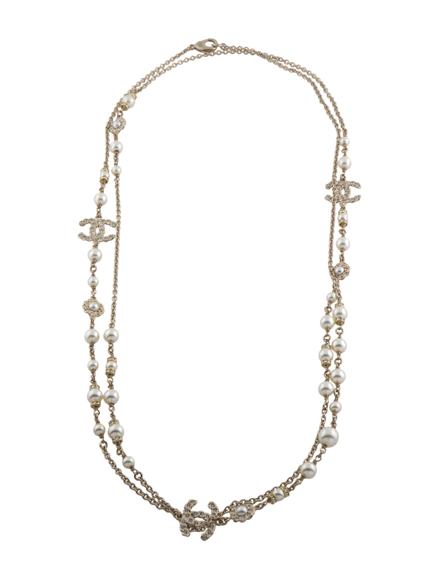 Chanel 2019 Faux Pearl & Strass CC Station Necklace - Gold-Plated ...