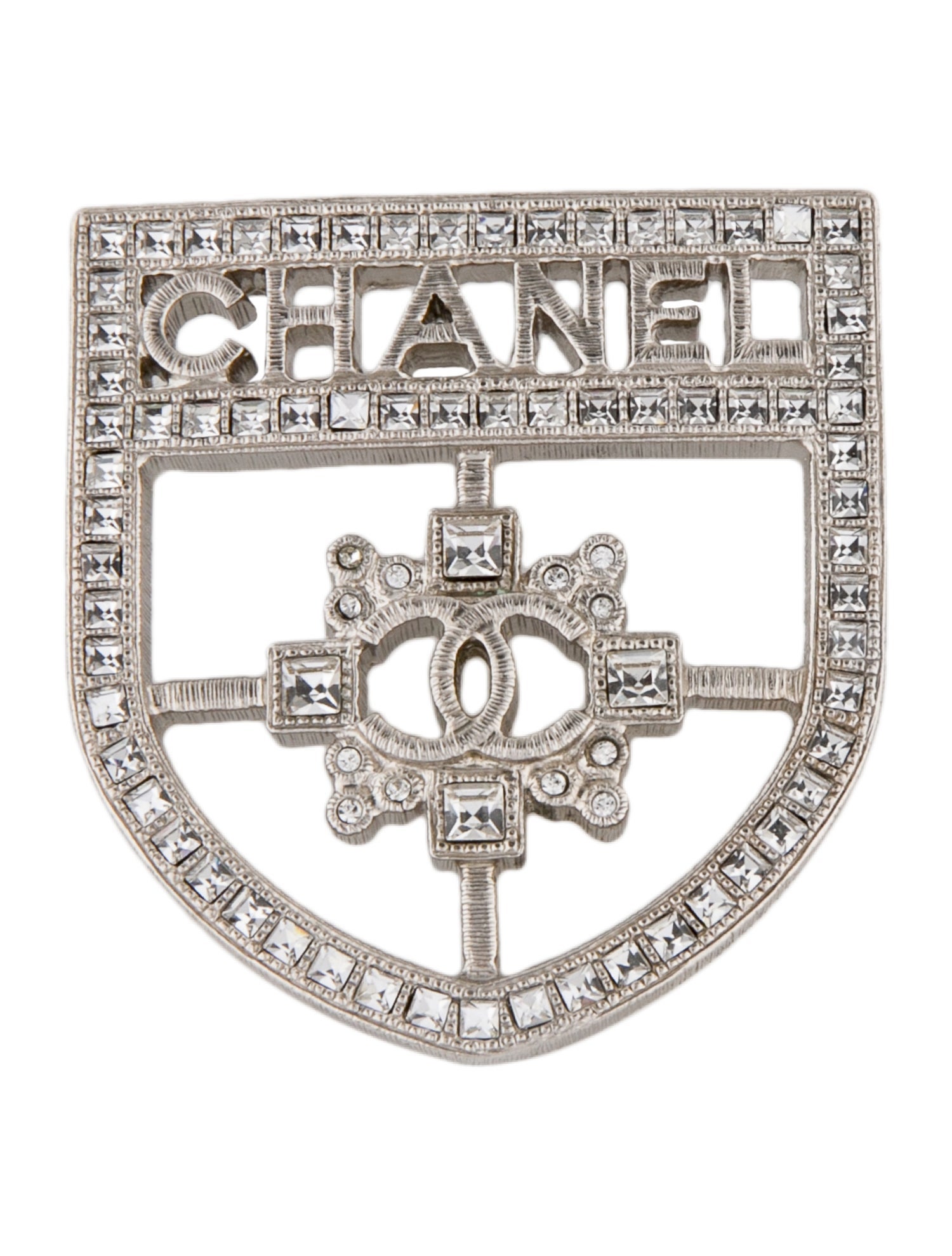 Chanel Strass CC Shield Crest Brooch - Clear, Palladium-Plated Pin ...