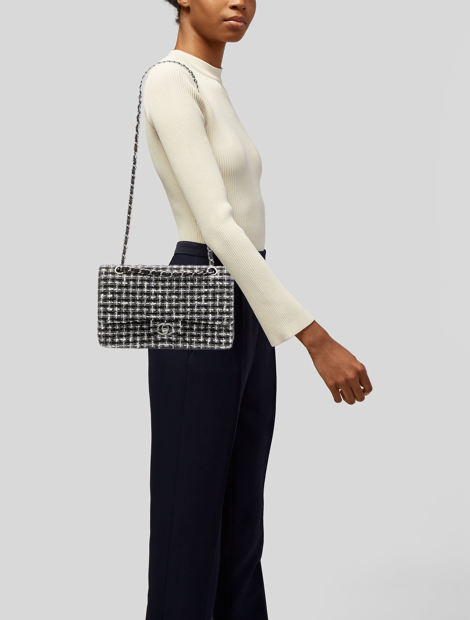 Chanel Classic Medium Tweed Double Flap Bag - Grey Shoulder Bags ...