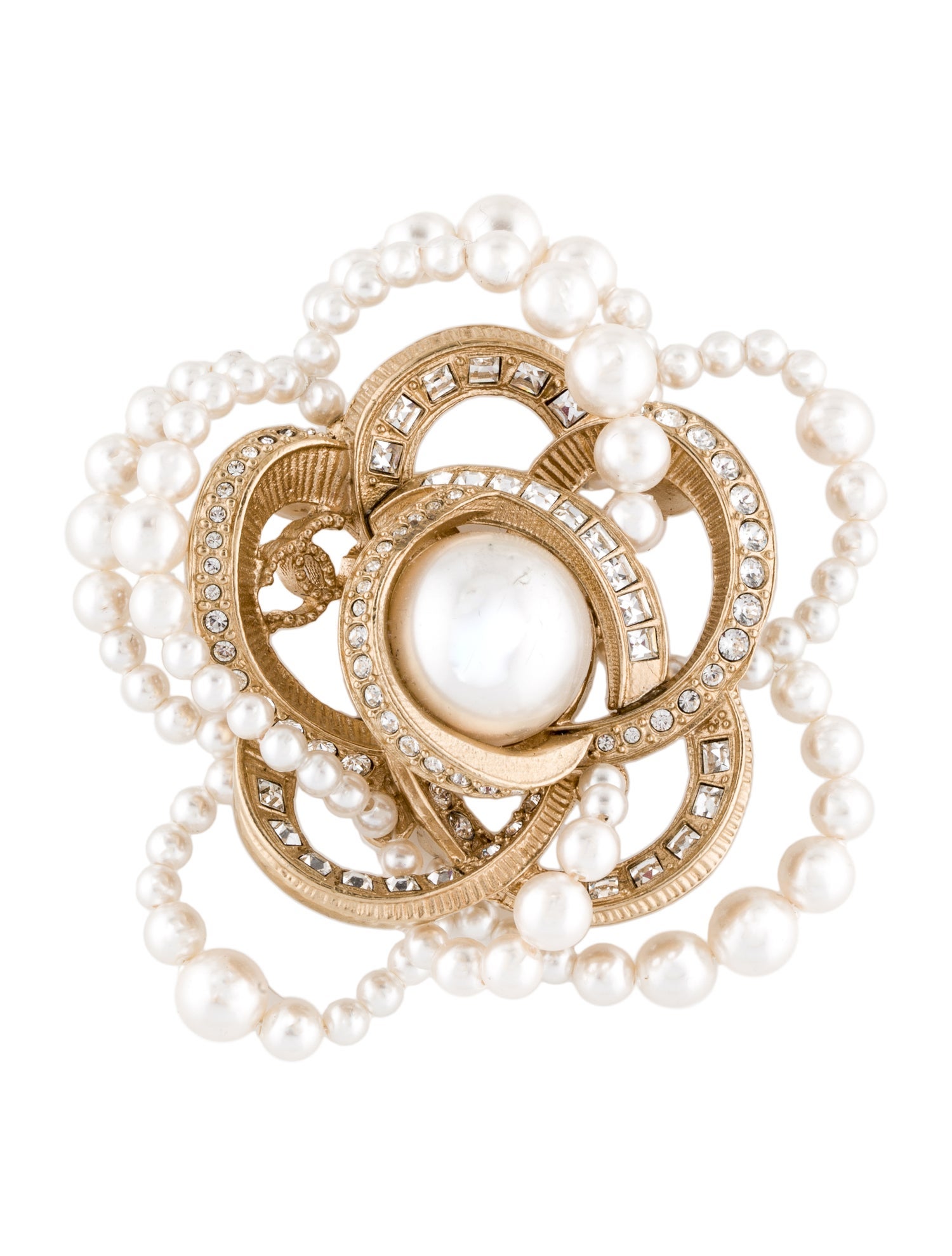 Chanel Faux Pearl & Strass Flower Brooch - White, Gold-Plated Pin ...