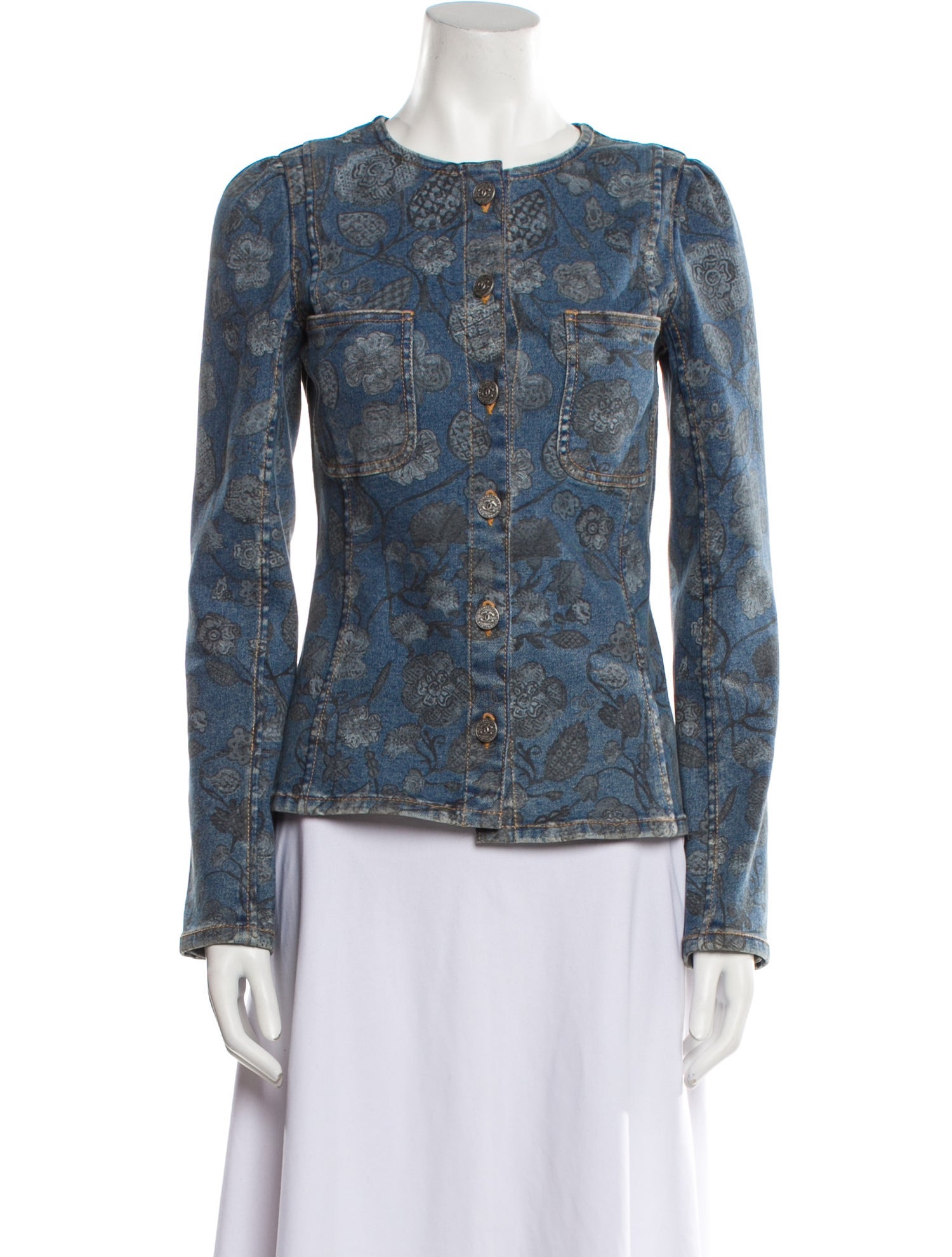 Chanel 2021 Floral Print Denim Jacket - Blue Jackets, Clothing ...