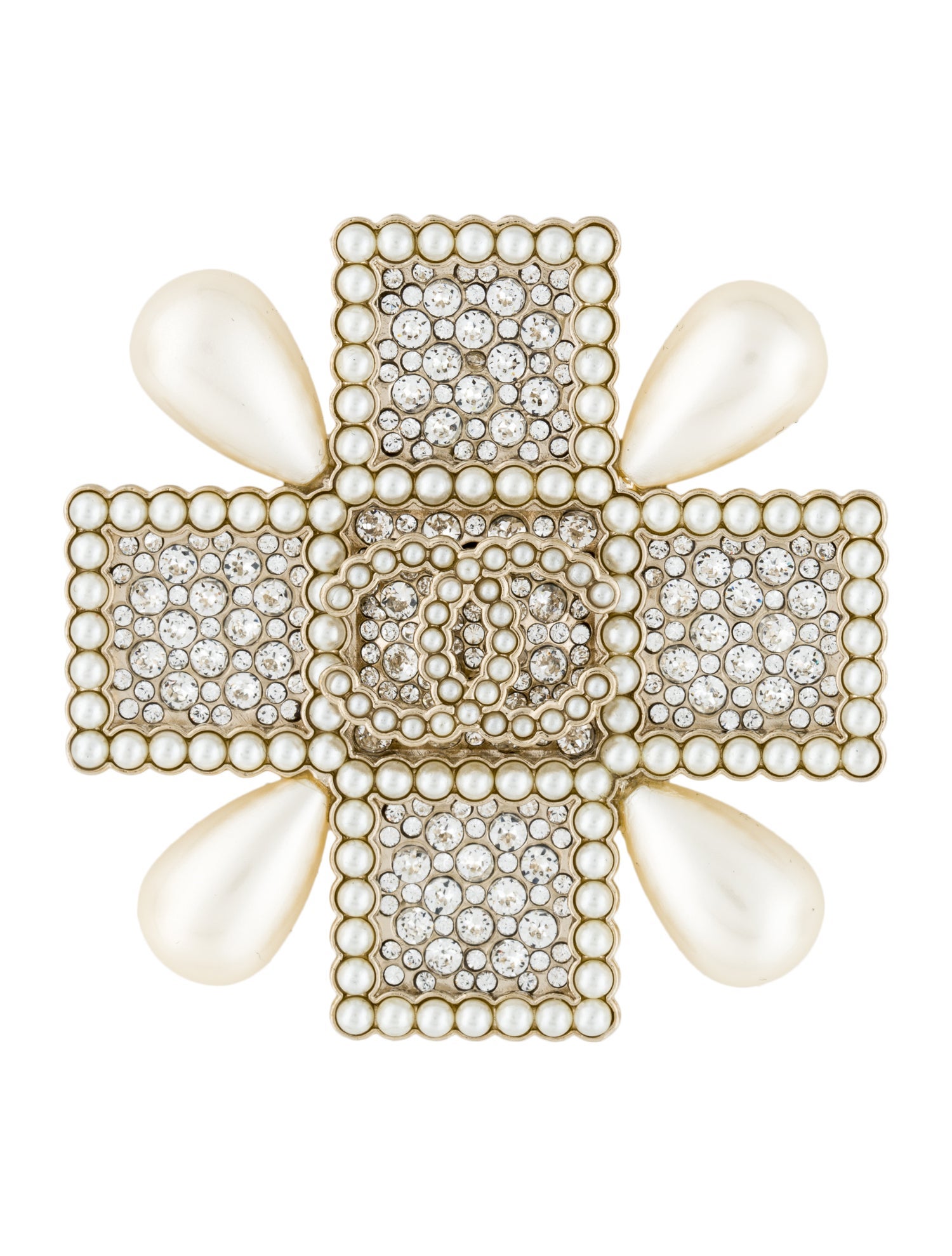 Chanel 2021 Faux Pearl & Strass Cross Brooch - Gold-Plated Pin ...