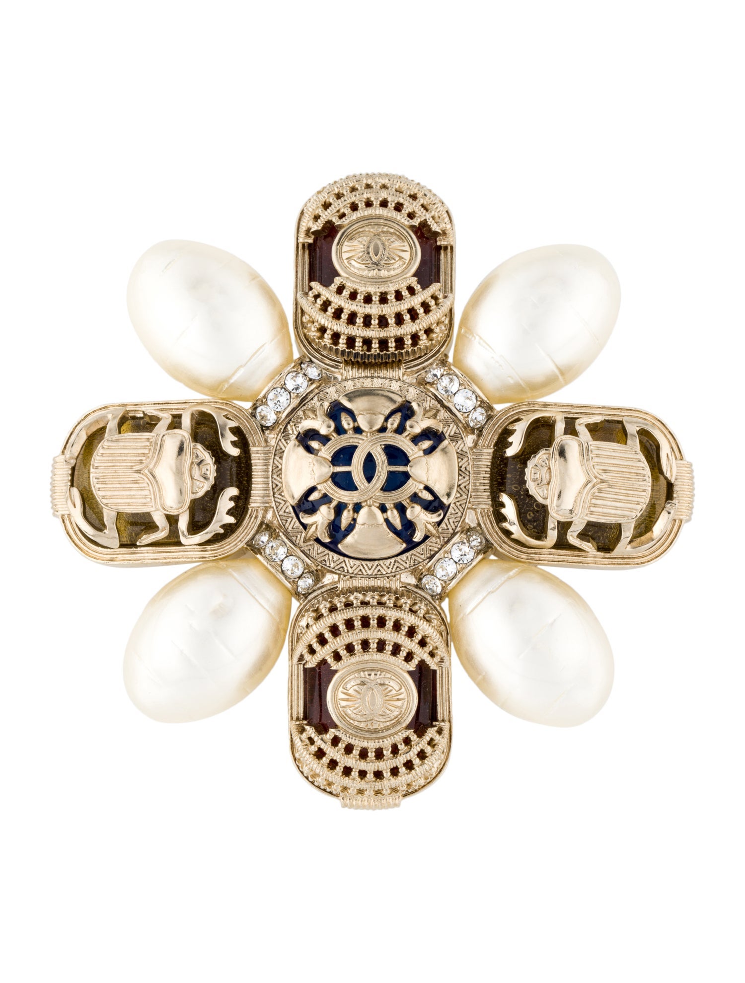 Chanel 2019 Faux Pearl Resin Strass Scarab Brooch Blue Gold Plated Pin Brooches CHA1085240 The RealReal