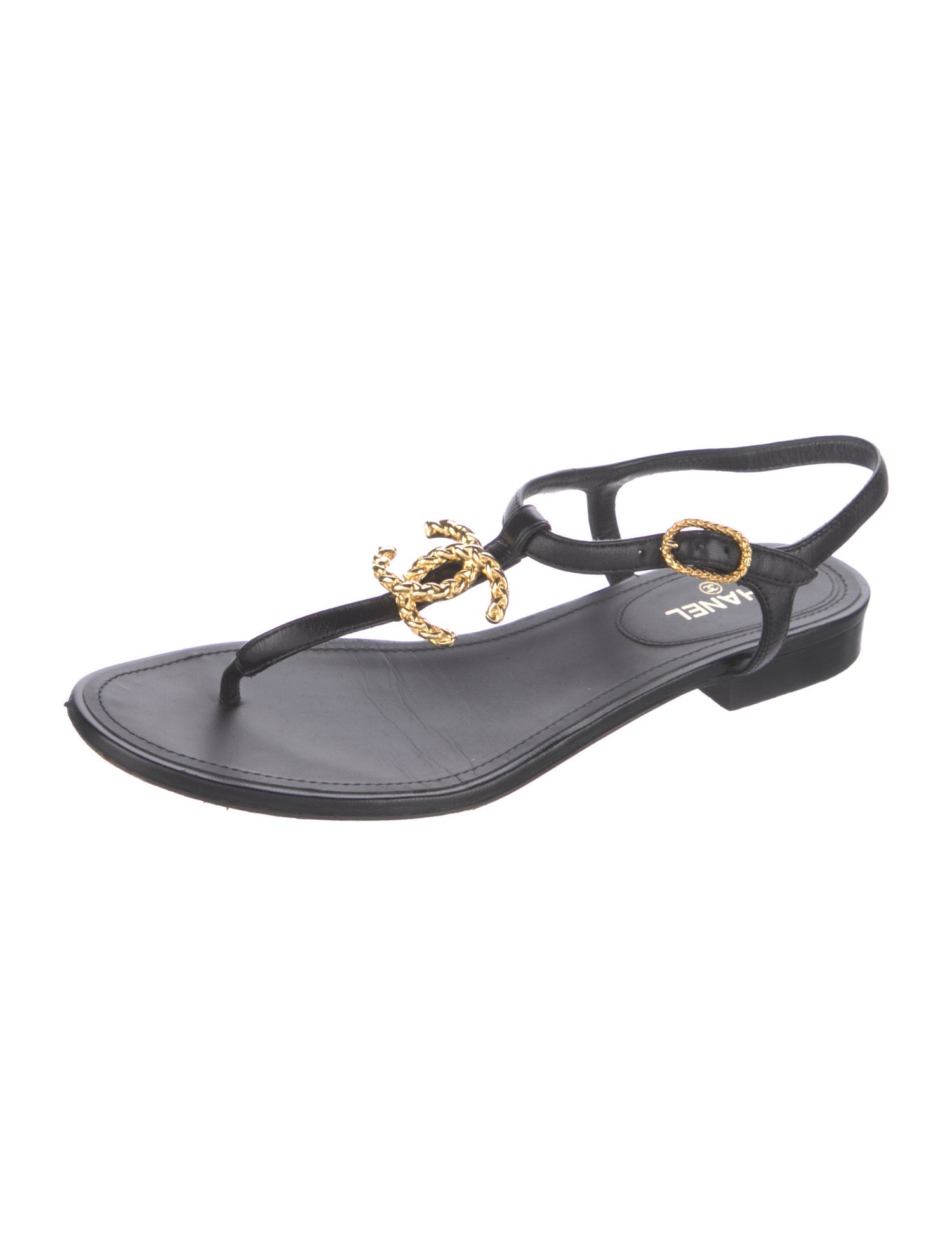 Chanel Interlocking CC Logo Leather T-Strap Sandals - Black Sandals ...