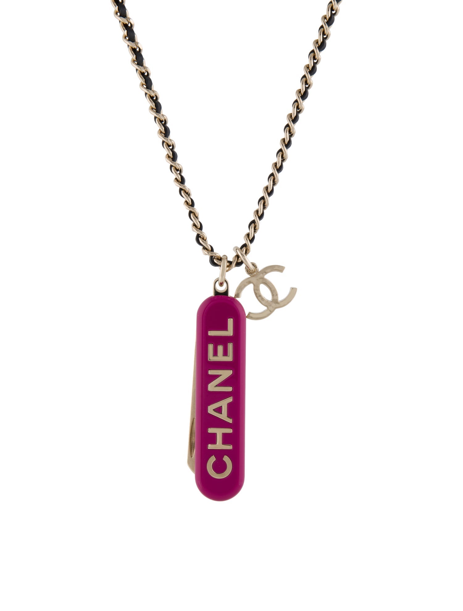 Chanel 2022 Leather Resin Comb Logo Pendant Necklace