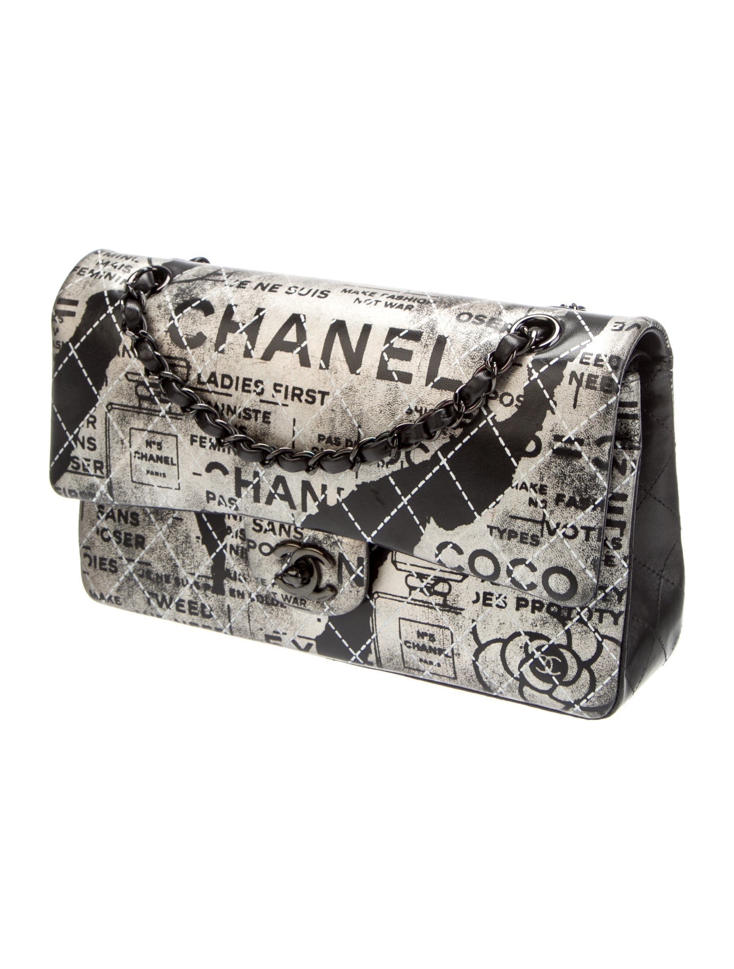 Chanel Medium Hand-Painted Newspaper Double Flap Bag - Silver Shoulder ...