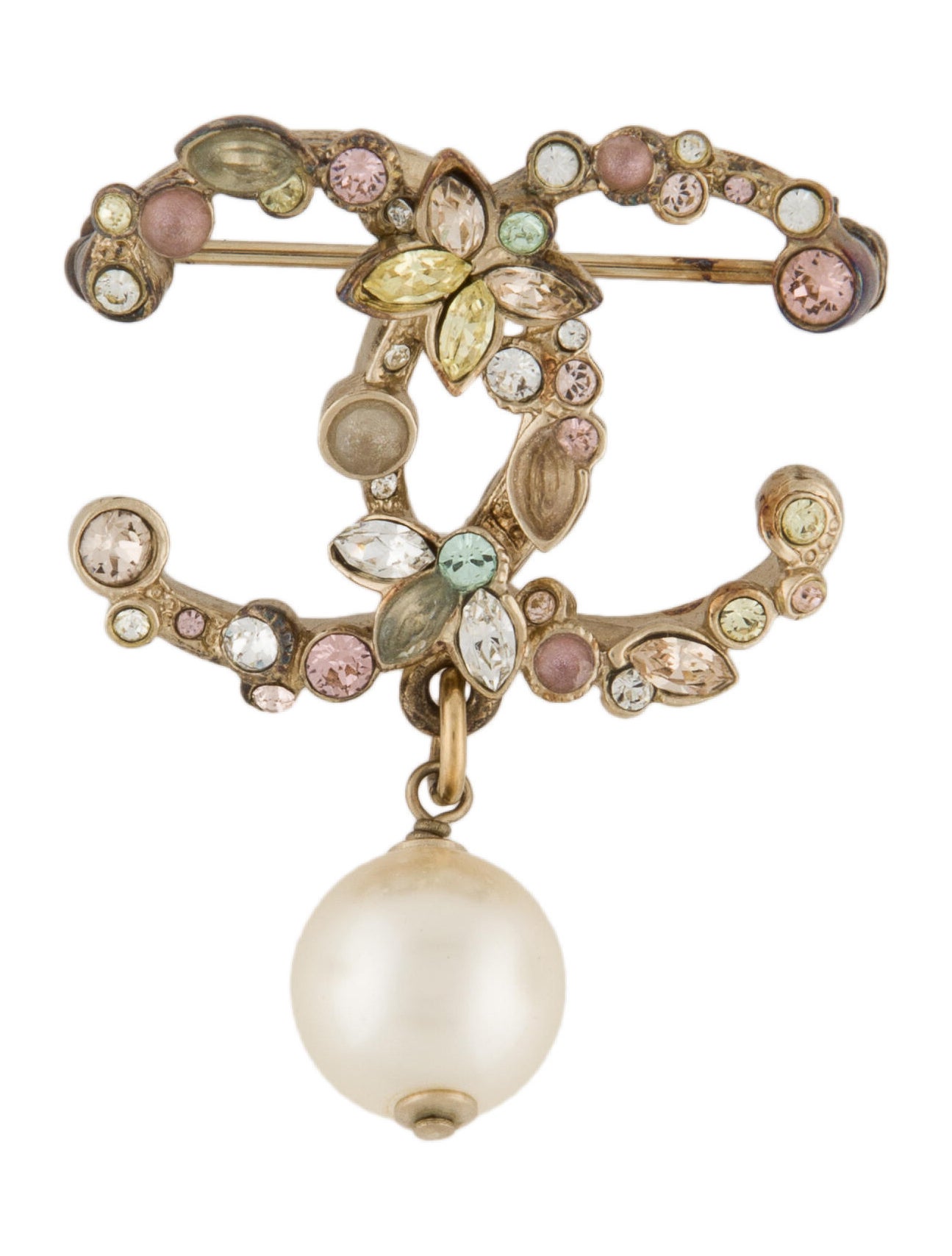 Chanel Faux Pearl & Strass CC Brooch - Gold-Plated Pin, Brooches ...