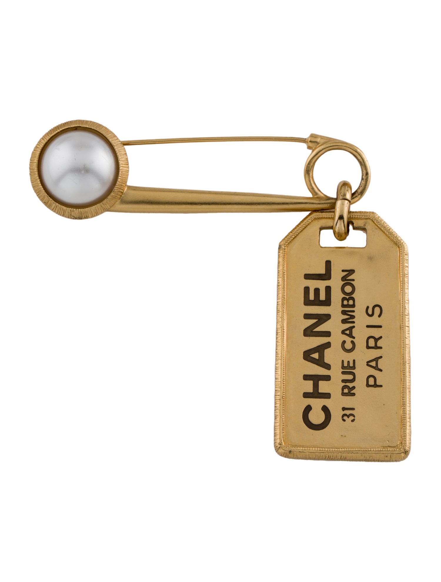 Chanel Faux Pearl 31 Rue Cambon Safety Pin - Gold-Plated Pin, Brooches ...