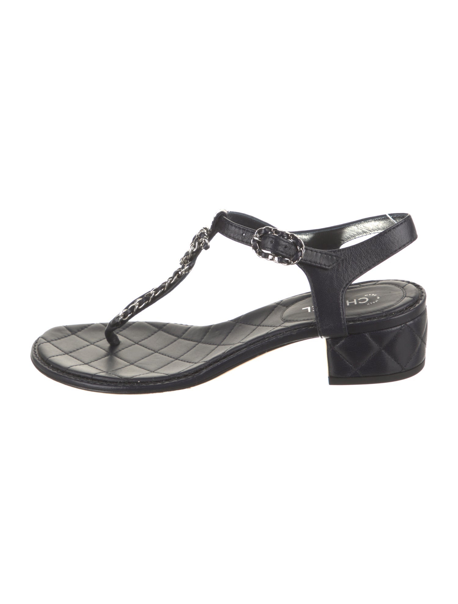 Chanel Interlocking CC Logo Leather T-Strap Sandals - Blue Sandals ...