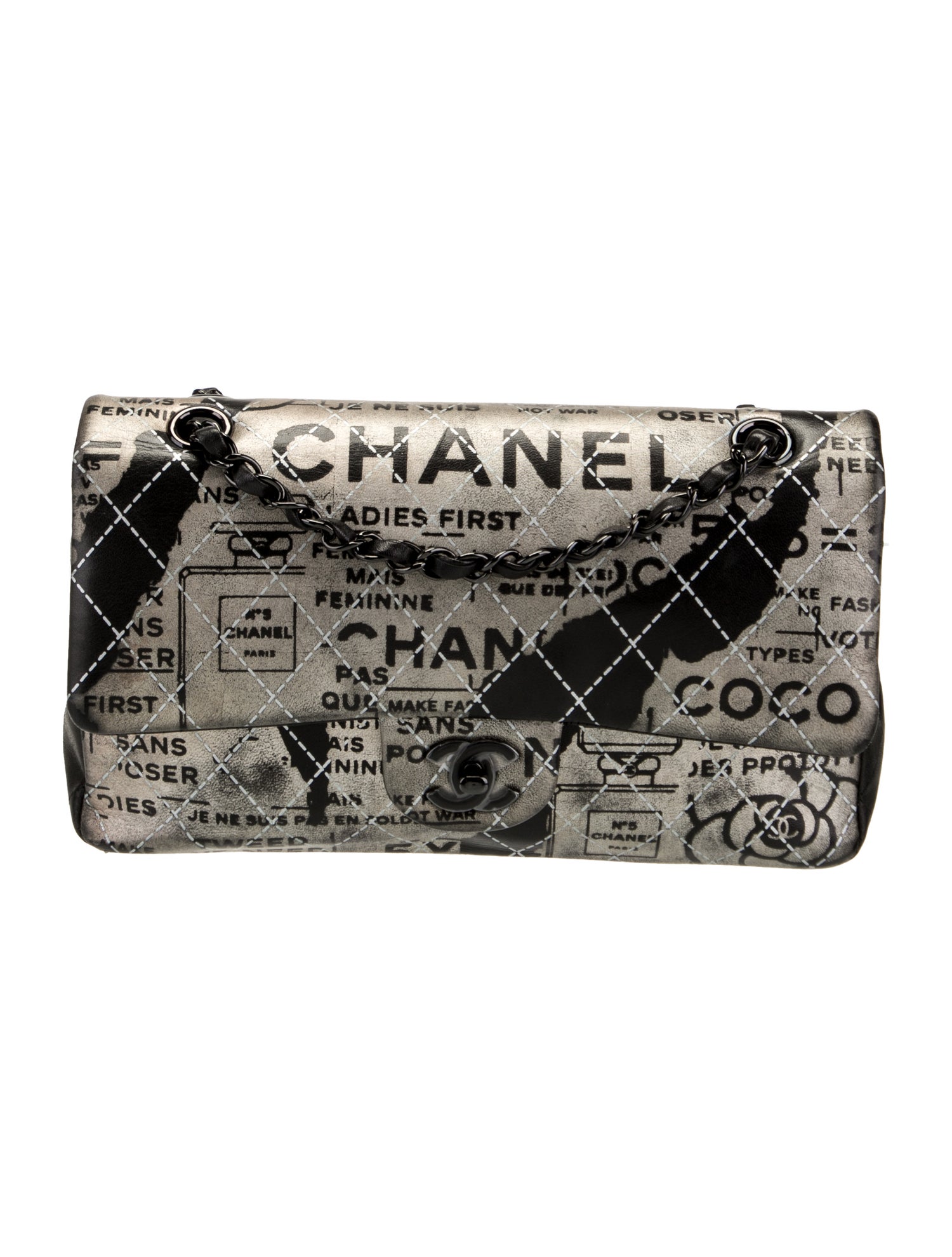 Chanel Medium Hand-Painted Newspaper Double Flap Bag - Grey Shoulder ...