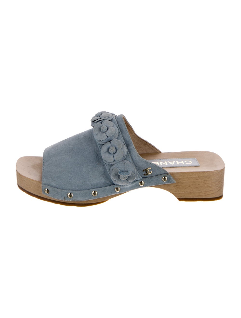 Chanel Slides Blue Interlocking CC Logo & Camellia Ac… - Gem