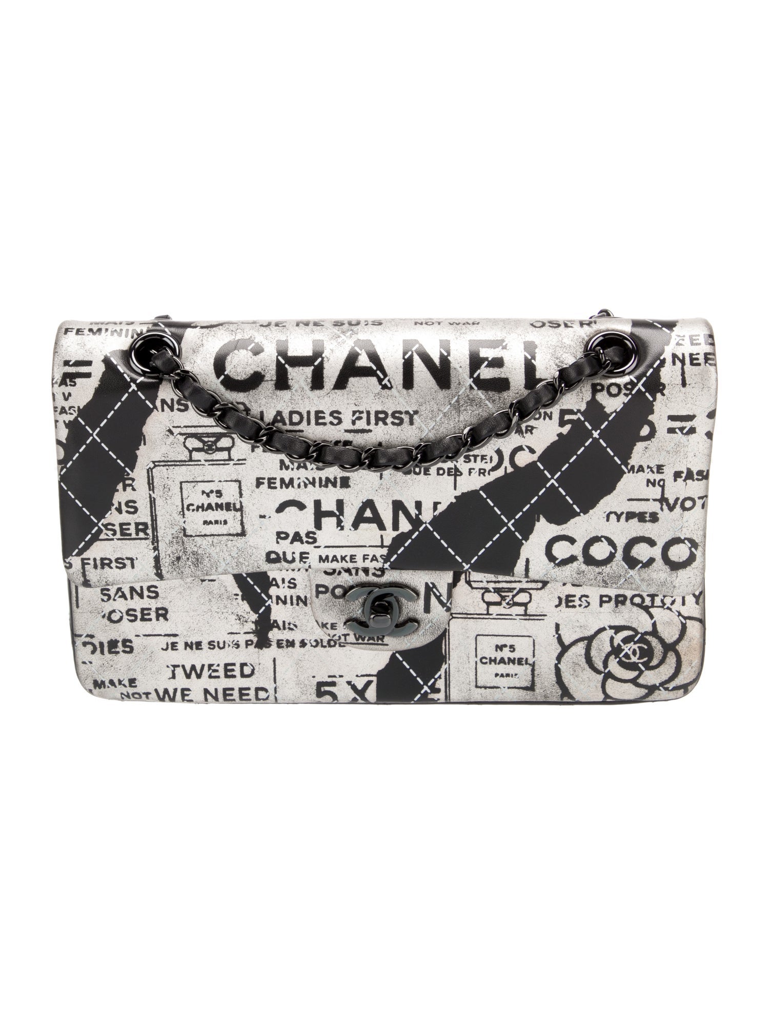 Chanel Medium Hand-Painted Newspaper Double Flap Bag - Black Shoulder ...