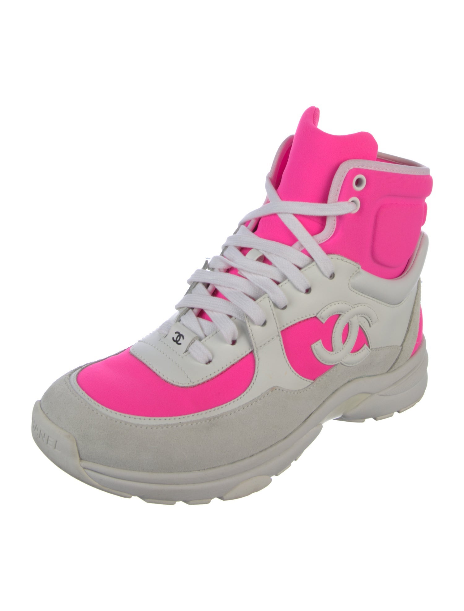Chanel Interlocking CC Logo Neoprene Wedge Sneakers - Pink Sneakers ...