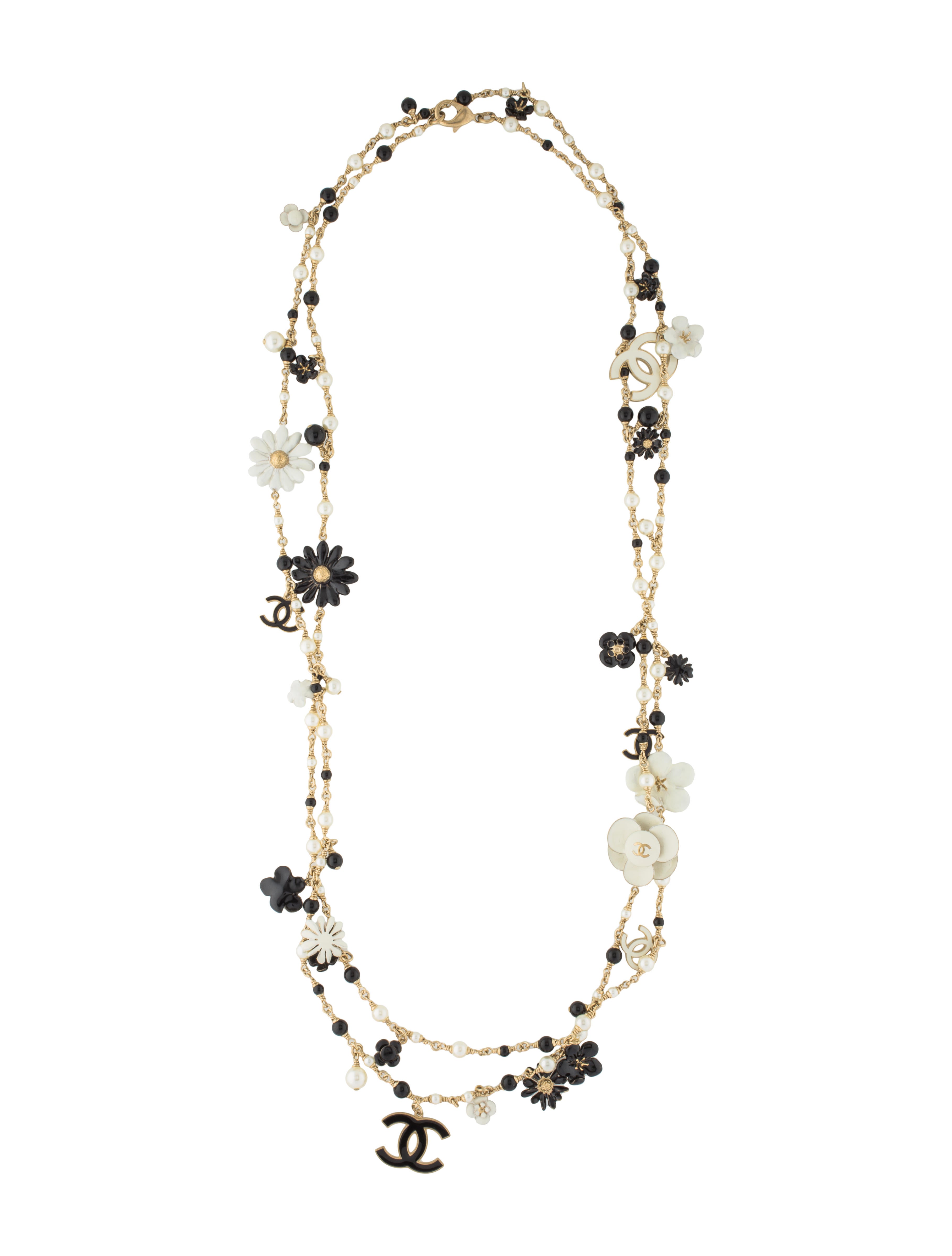 Chanel Faux Pearl Camellia Long Bead Necklace - Gold-Tone Metal Bead ...